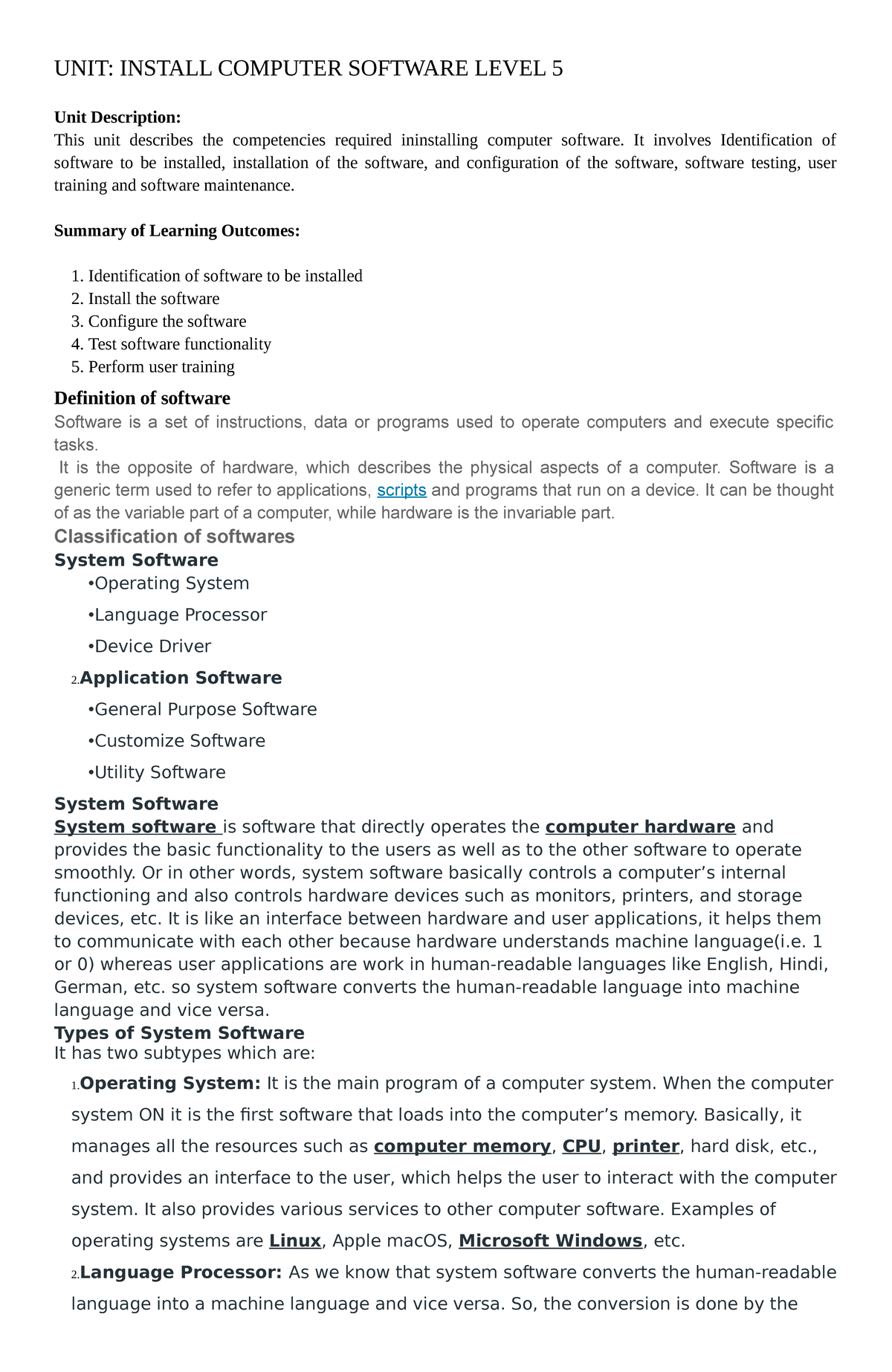 Computer software - helpful in revison - UNIT: INSTALL COMPUTER ...