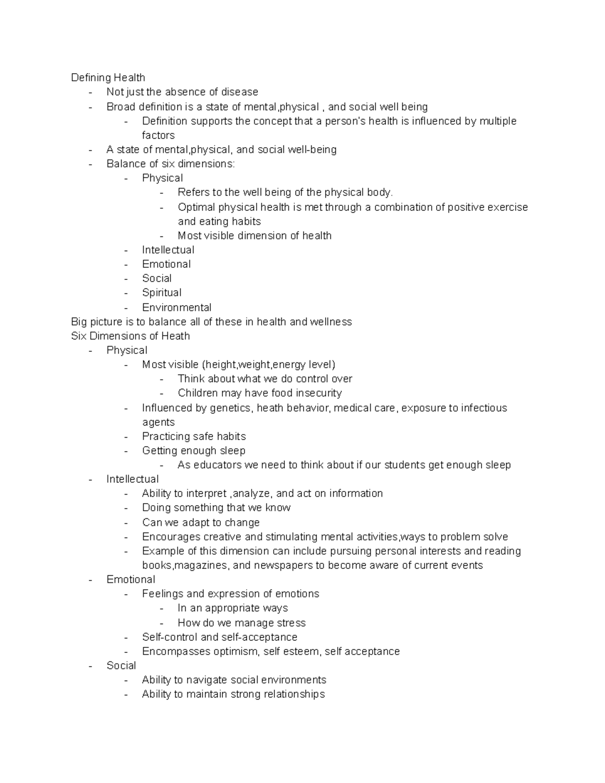 Chapter 1 notes - Defining Health - Not just the absence of disease ...
