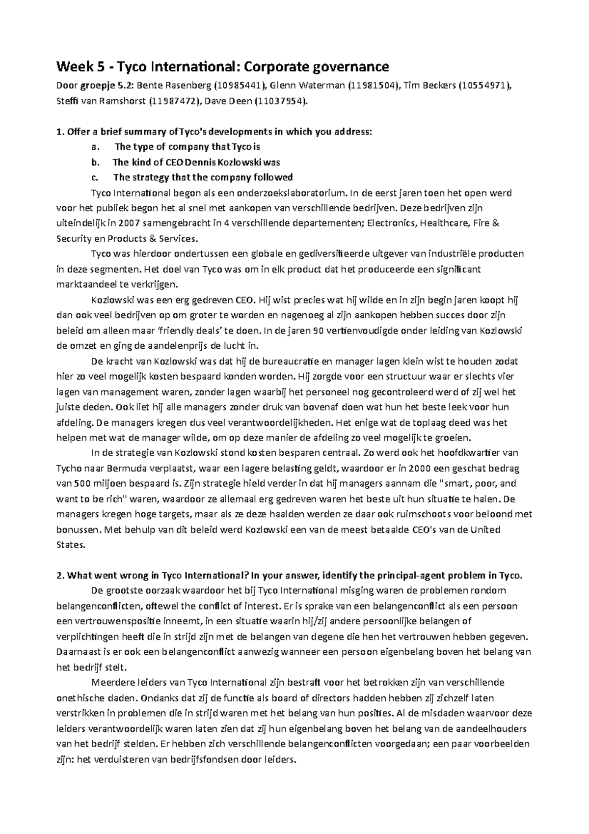 Tyco Case Vragen - Week 5 Tyco International: Corporate governance Door ...
