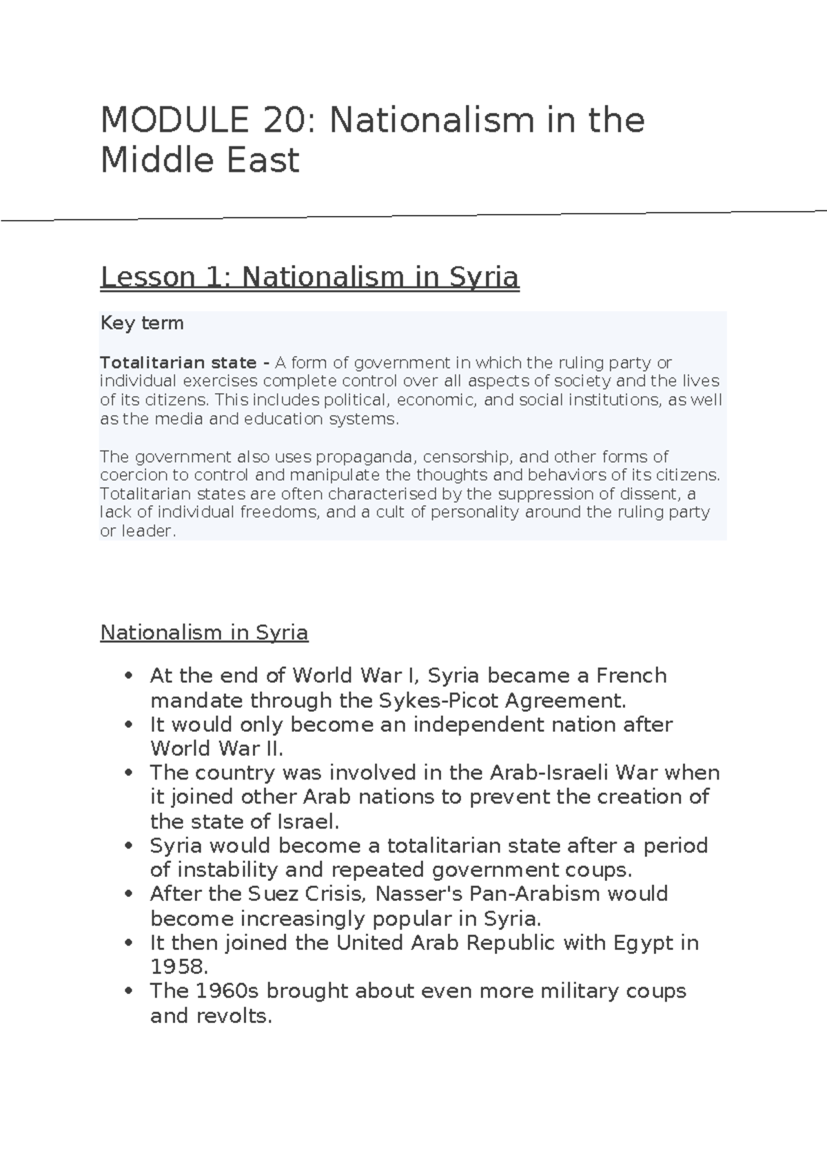 Module 20- Nationalism in the Middle East - MODULE 20: Nationalism in the Middle East Lesson 1 ...
