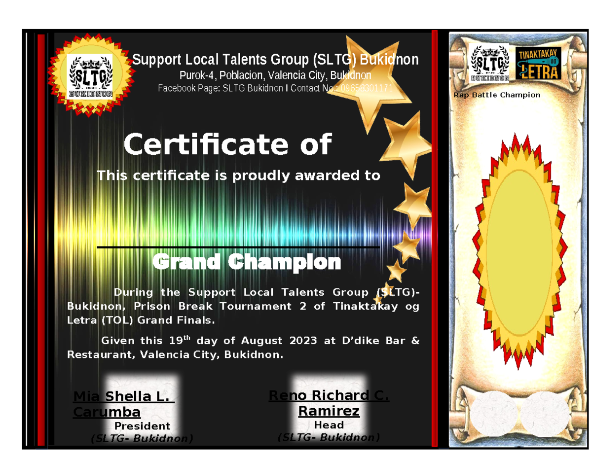 SLTG Grand Finals 2023 Certificate - Mia Shella L. Carumba President ...