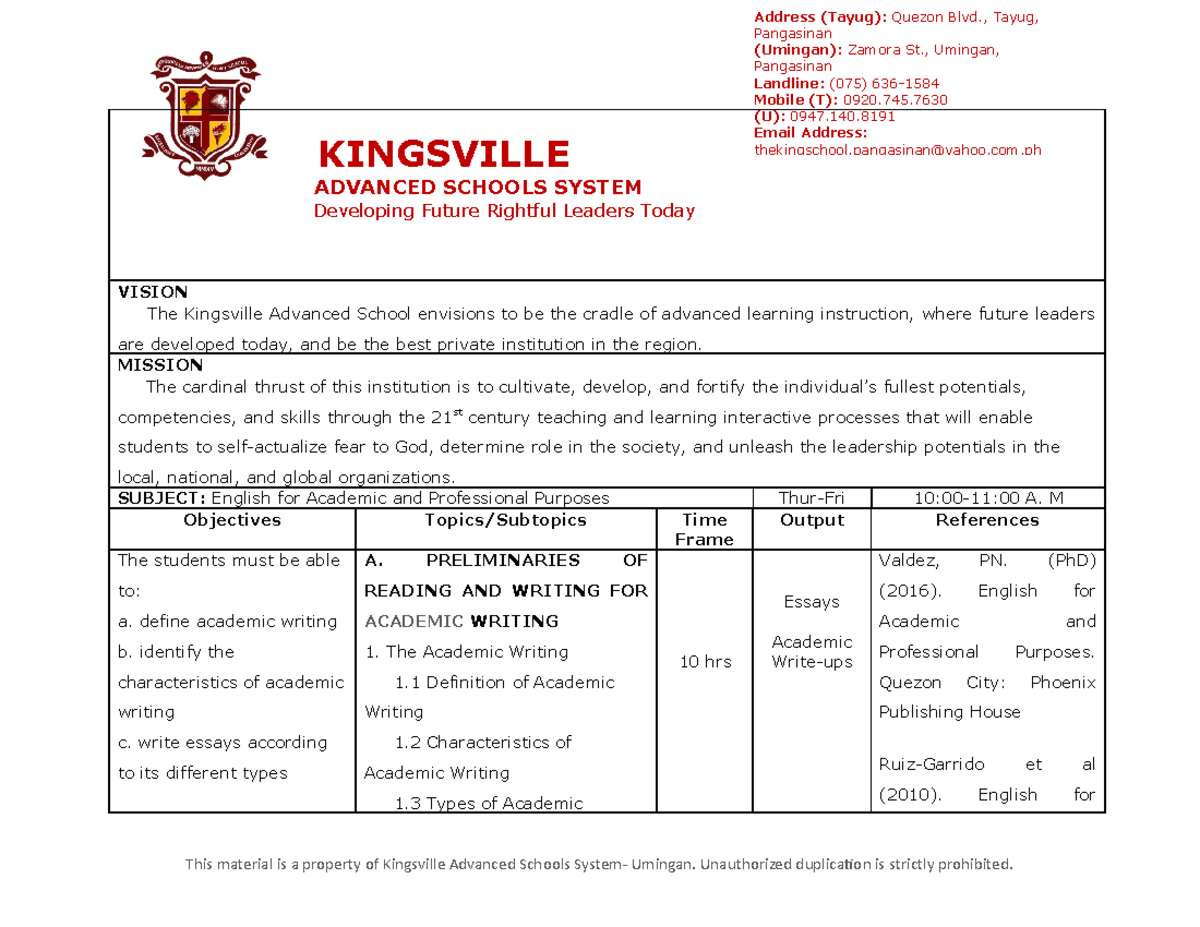 English FOR ACAD AND PROF Purposes - KINGSVILLE ADVANCED SCHOOLS SYSTEM ...