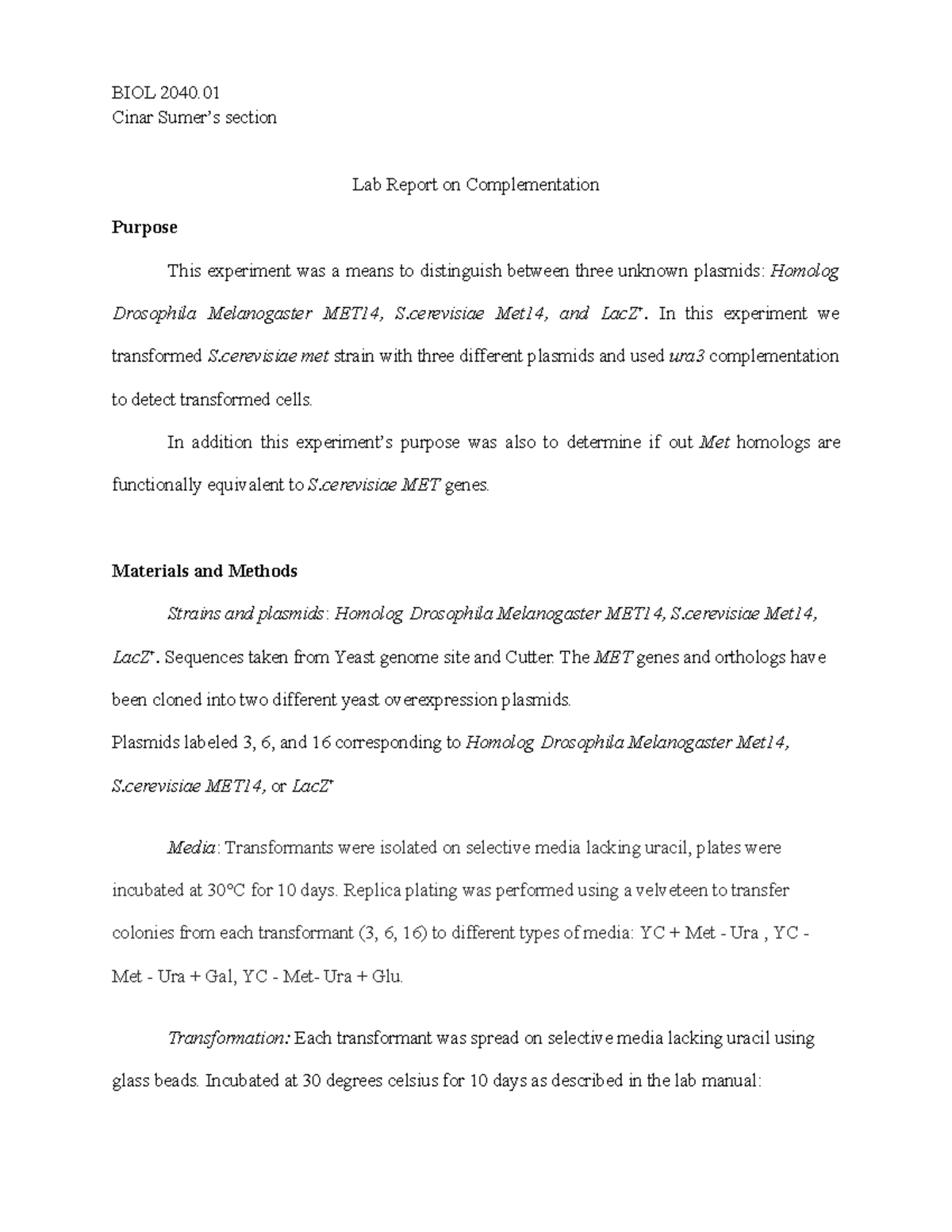 Lab report Complementation -2 - BIOL 2040. Cinar Sumer’s section Lab ...