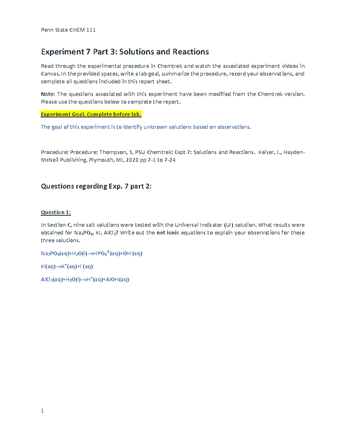 Experiment 7.3 CHEM111 - Experiment 7 Part 3: Solutions and Reactions ...