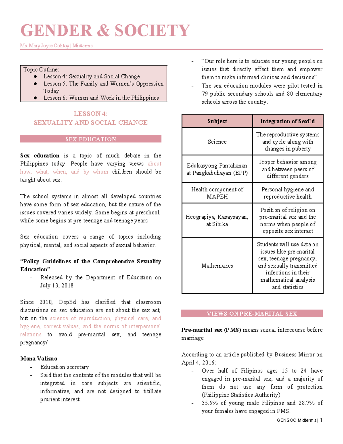 Gender and Society - Ms. Mary Joyce Colitoy | Midterms Topic Outline ...
