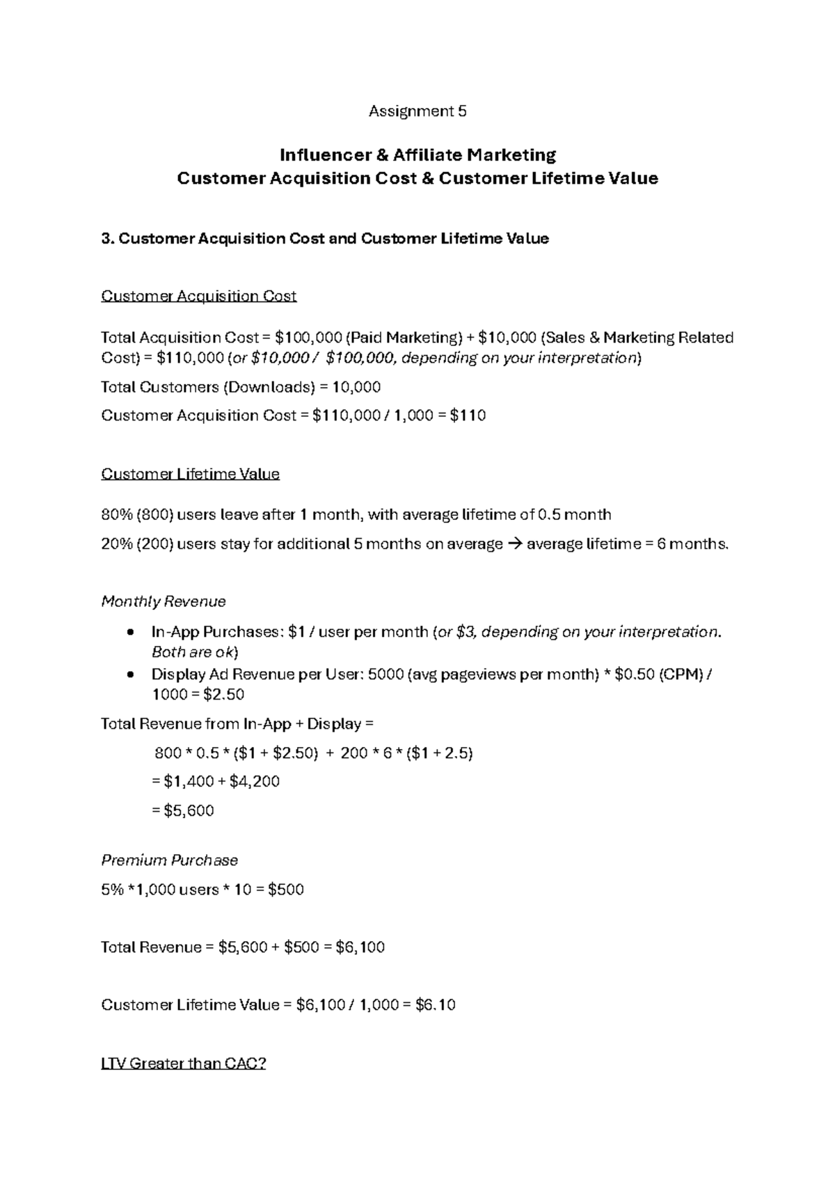 Assignment 5 - Answers - Assignment 5 Influencer & A+iliate Marketing Customer Acquisition Cost ...