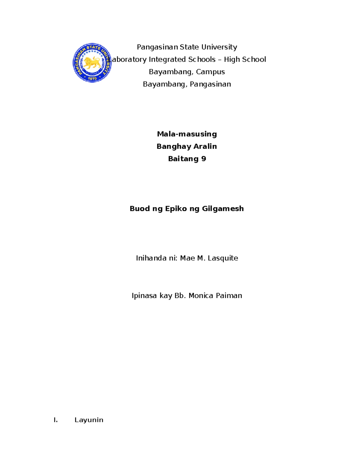 lesson plan of Buod-ng-Epiko-ng-Gilgamesh - Pangasinan State University ...