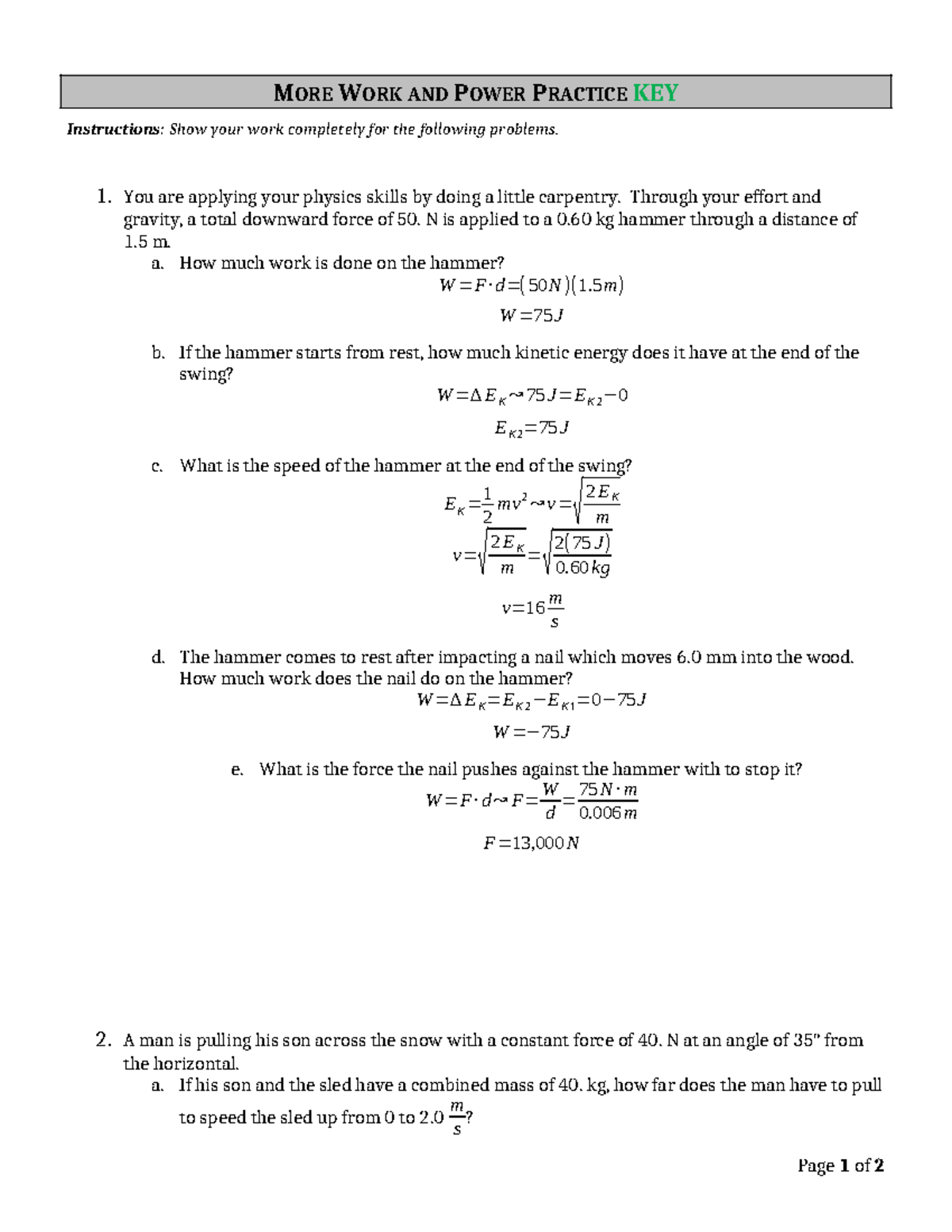 More work and power practice key - MORE WORK AND POWER PRACTICE KEY ...