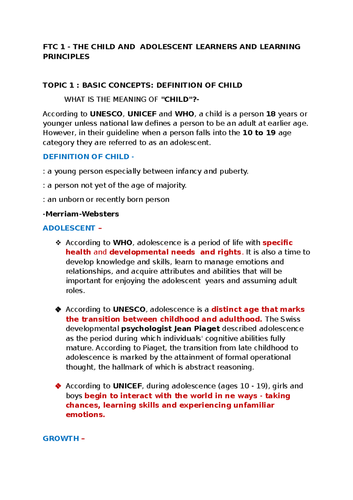 FTC 1 - None - FTC 1 - THE CHILD AND ADOLESCENT LEARNERS AND LEARNING ...
