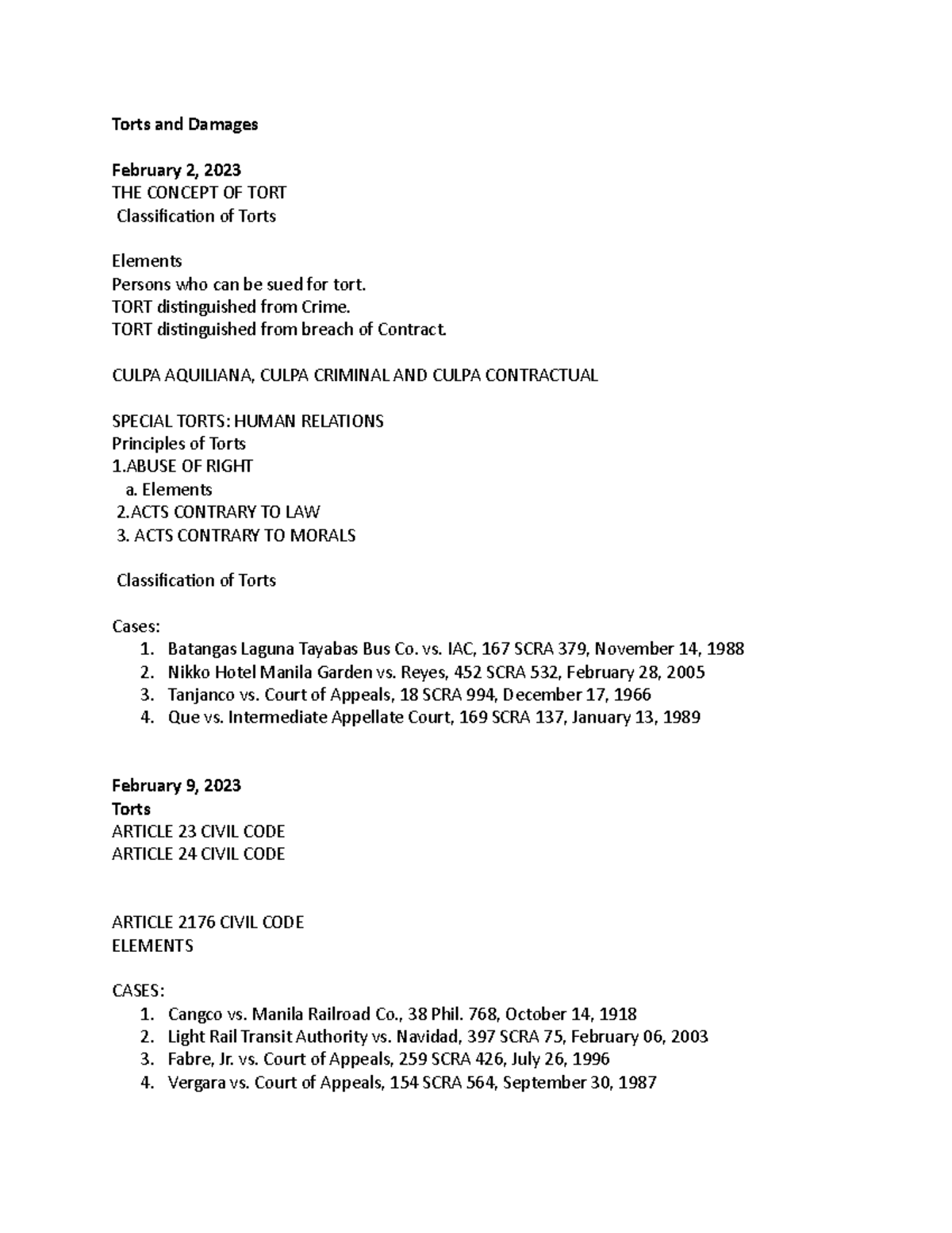 Torts and Damages - summary - Torts and Damages February 2, 2023 THE ...