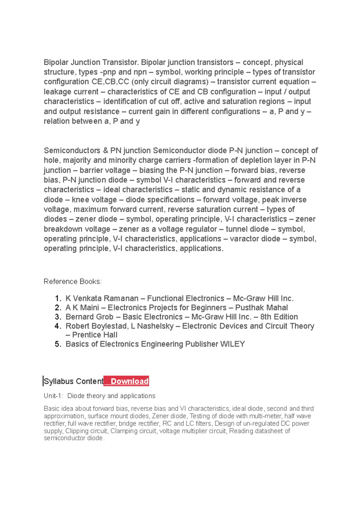 Basic electronics engg syllabus - Bipolar Junction Transistor. Bipolar junction transistors ...