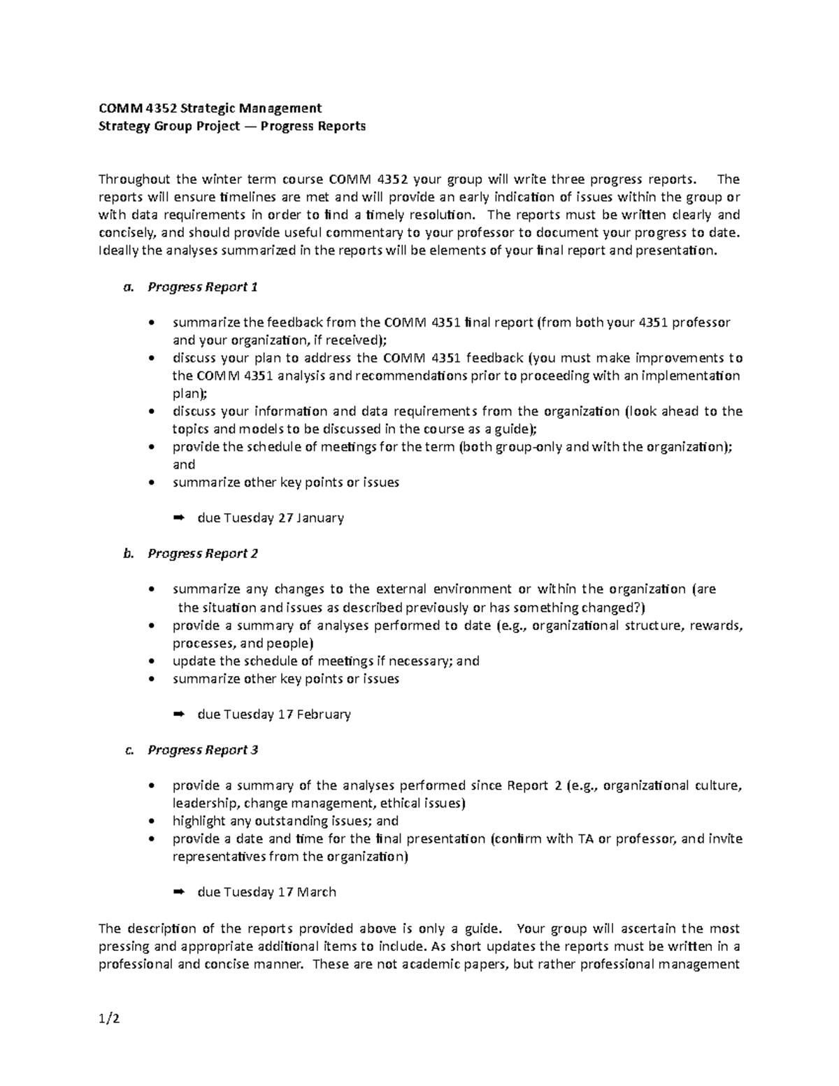 Group project progress report guidance - COMM 4352 Strategic Management ...