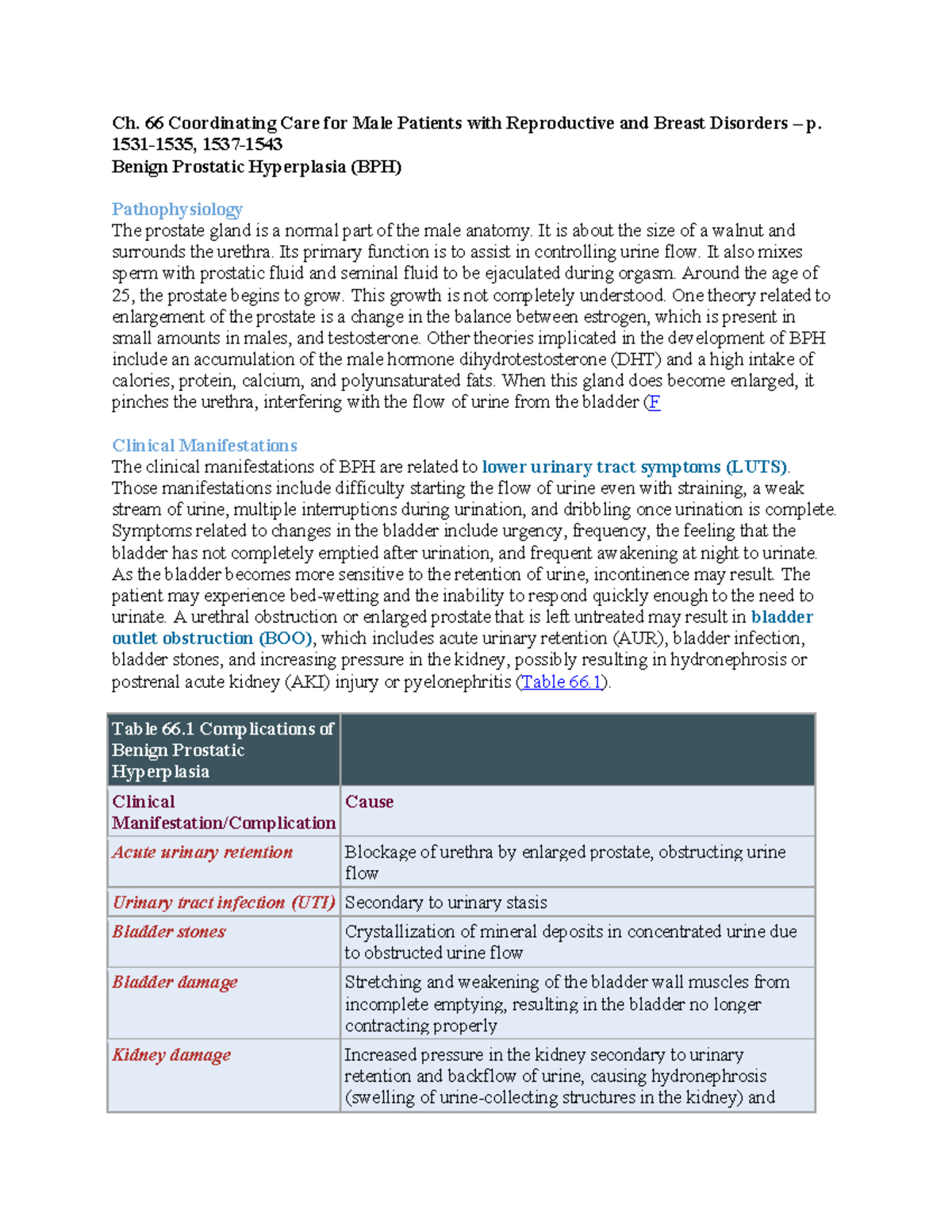 Ch 66 - CH 66 Lecture Notes - Ch. 66 Coordinating Care for Male ...