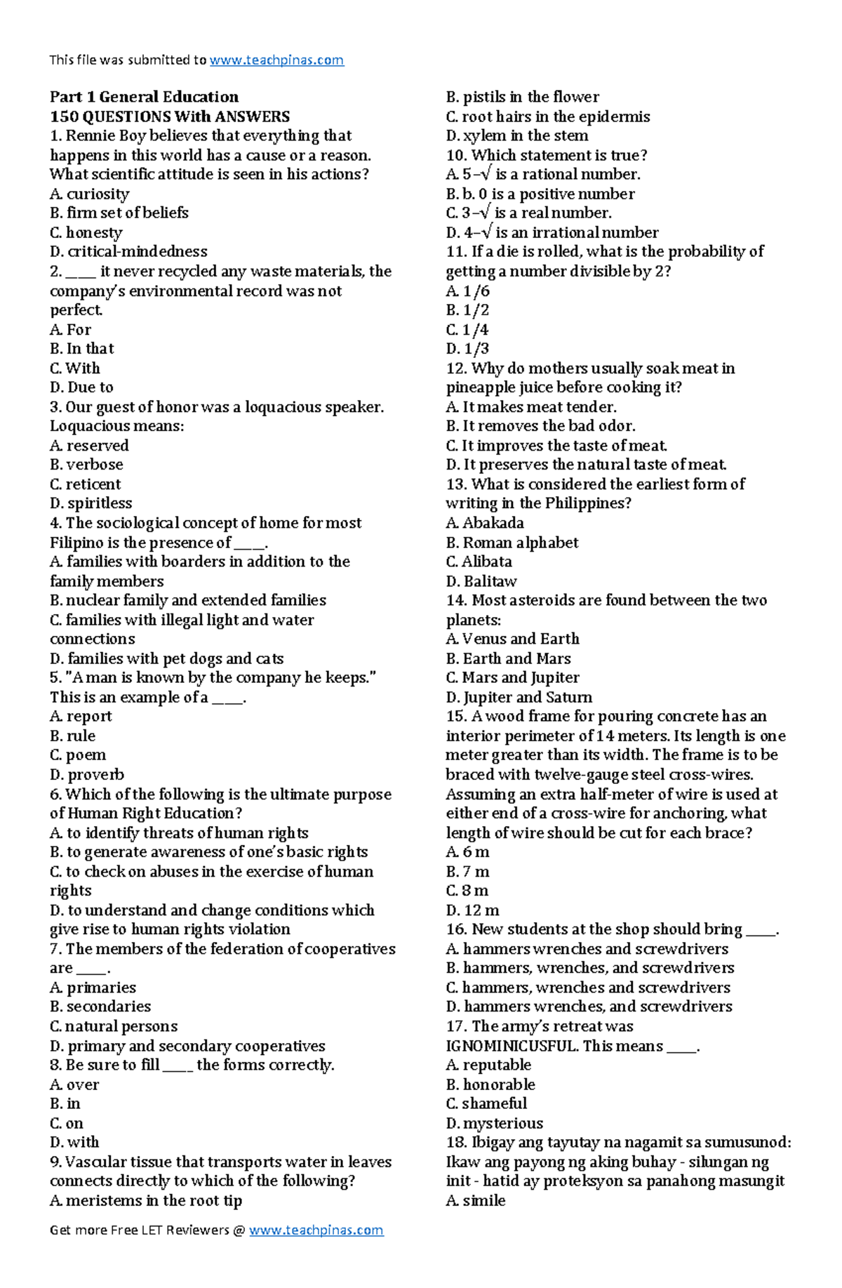 1 GEN ED 150 ITEM TEST - LET Reviewers - Part 1 General Education 150 ...