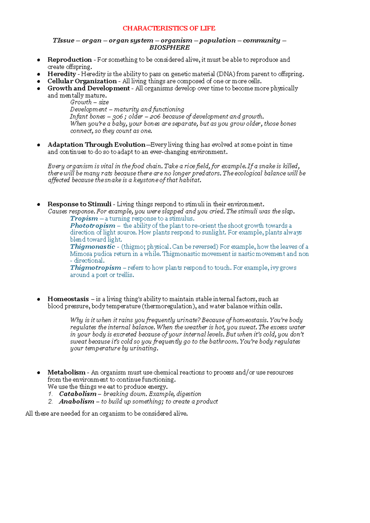 GEN BIO ( Compiled Lessons) (1) - CHARACTERISTICS OF LIFE TIssue ...