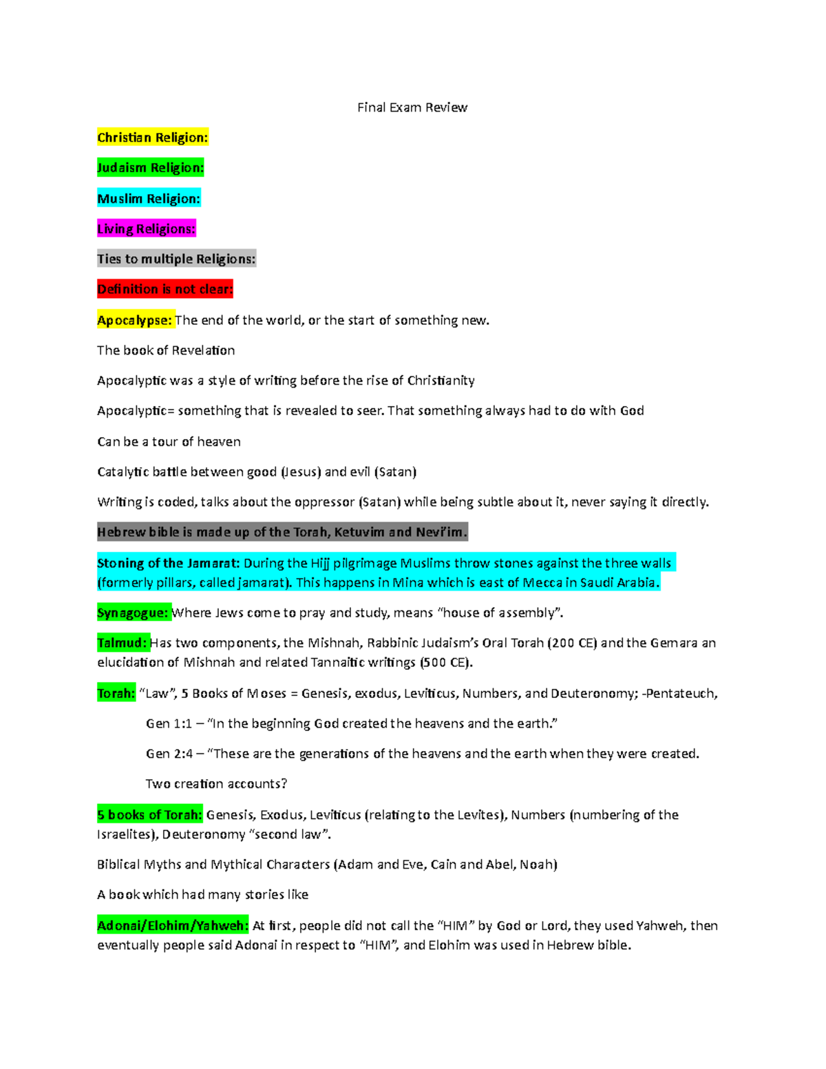 Notes - Summary Judaism Christianity Islam - Final Exam Review ...
