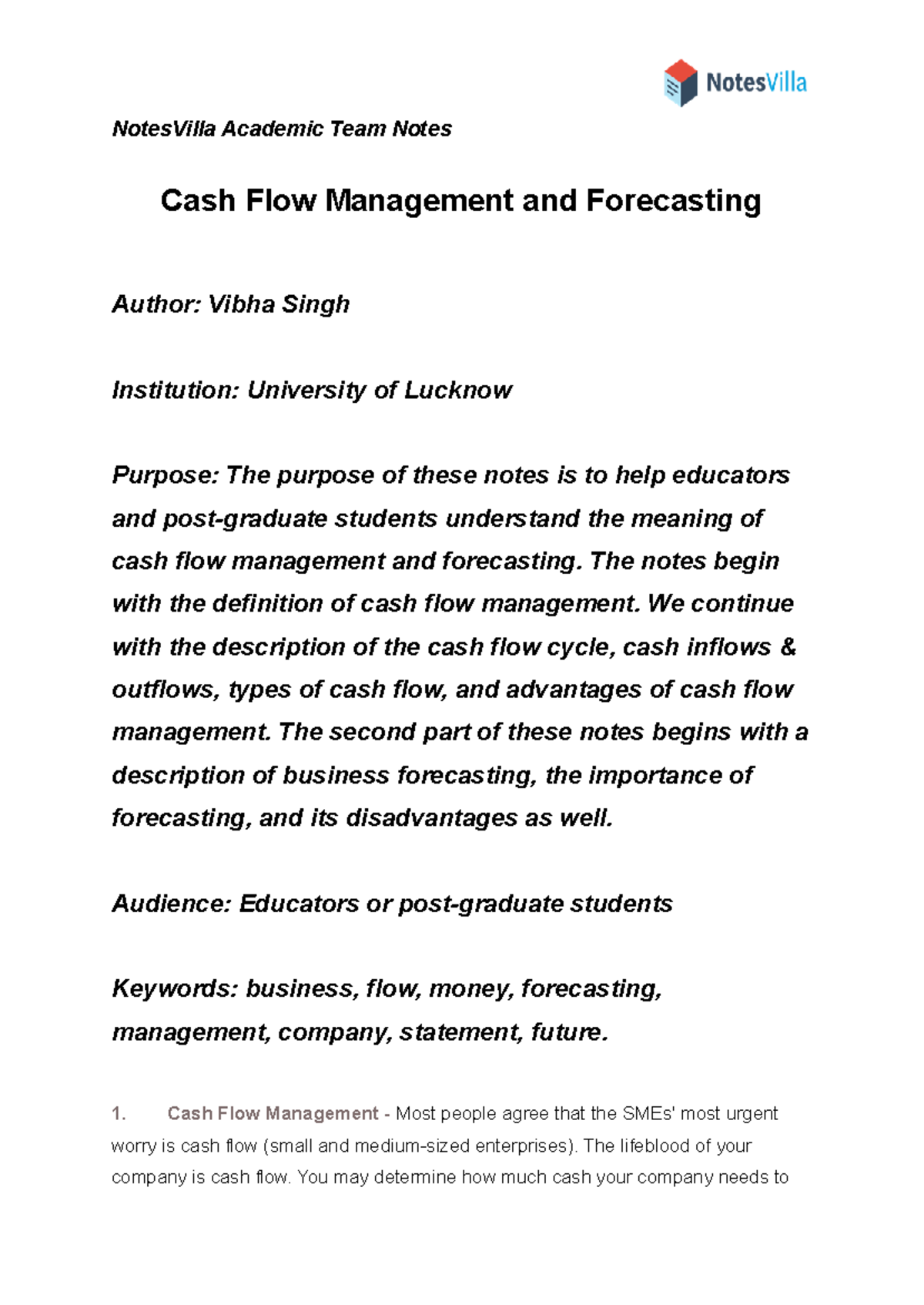 Cash flow management and forecasting - The notes begin with the ...