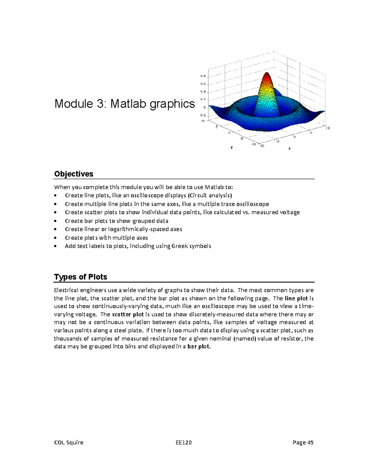 Matlab Graphics 1 Col Squire Ee120 Page 49 Module 3 Matlab Graphics Objectives When You 