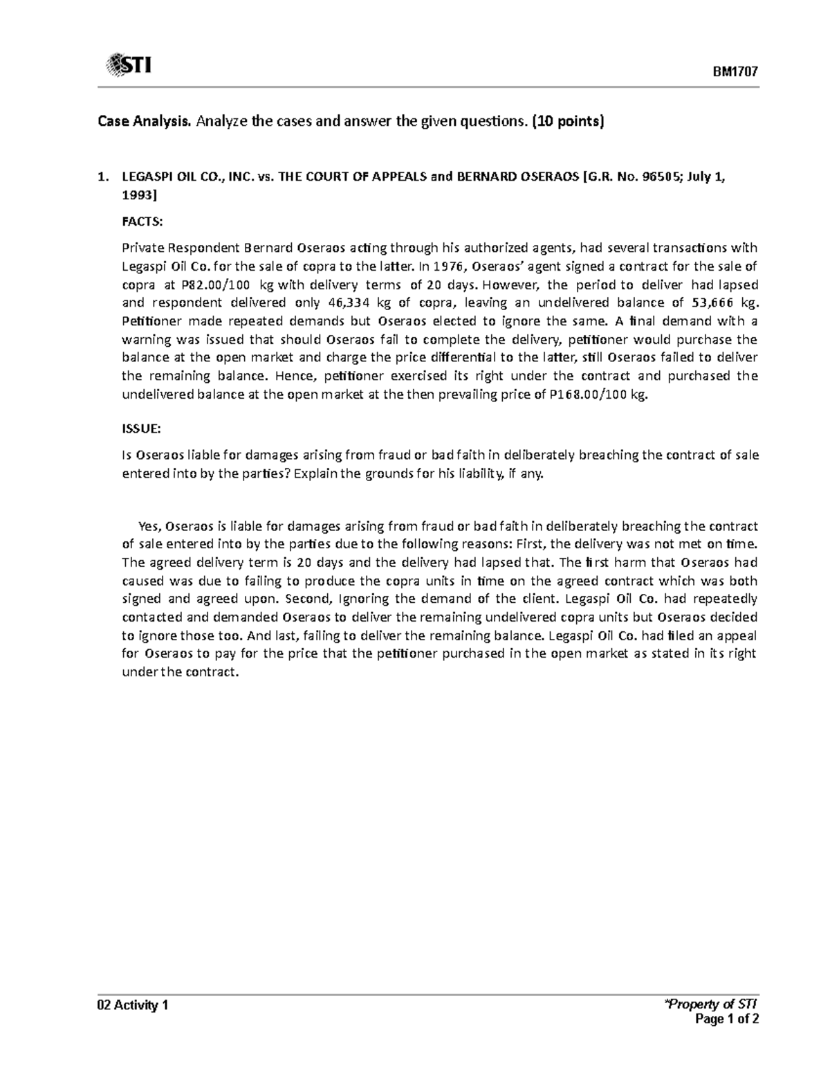 Oblicon 02 Activity 1 - Case analysis of moonwalk and legaspi oil cases ...