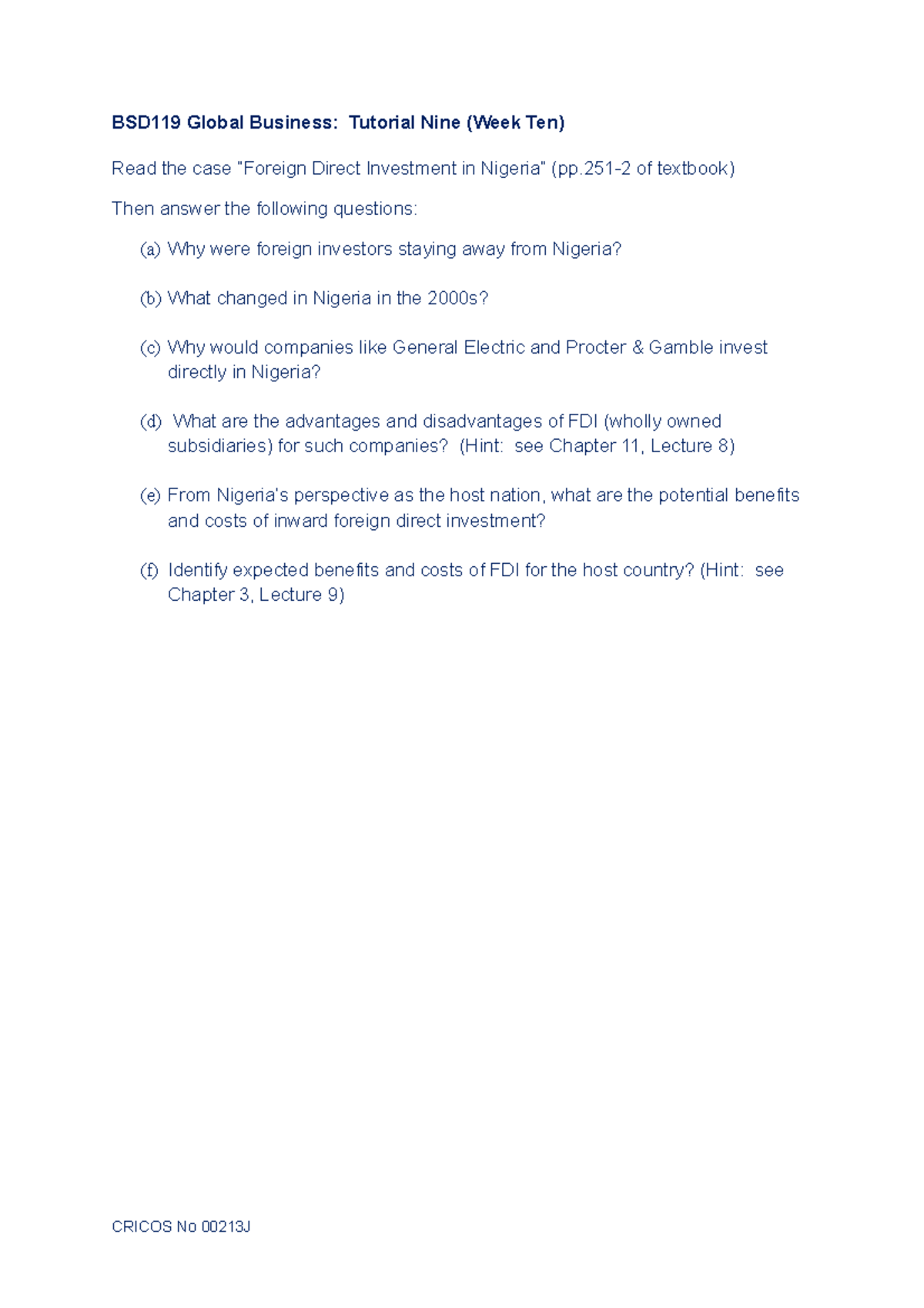 Tutorial Nine (Week Ten) - Studocu