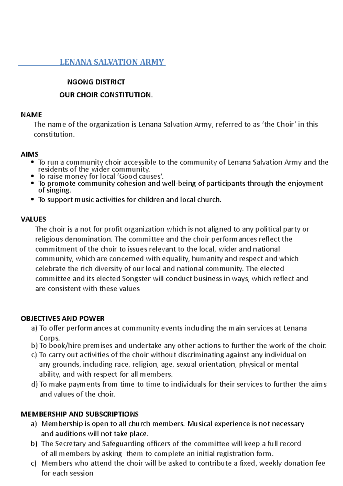 Lenana church choir constituion - LENANA SALVATION ARMY NGONG DISTRICT ...