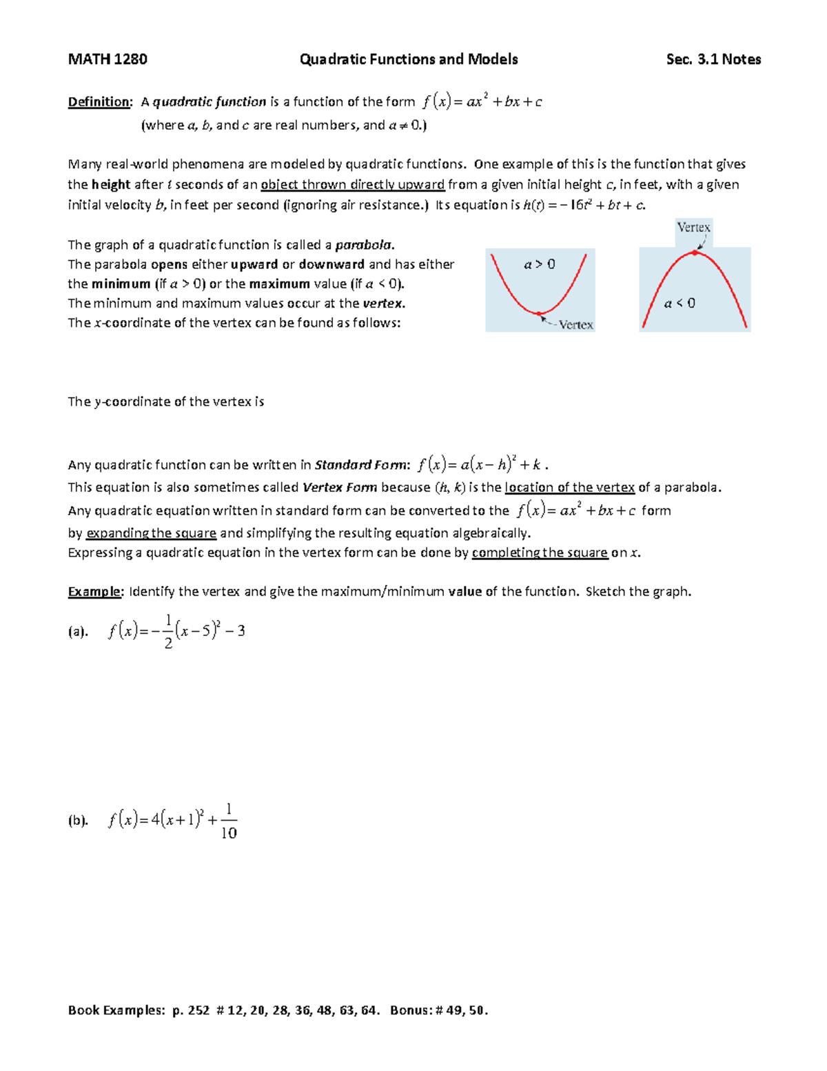 Notes - Sec. 3.1 - MATH 1280 Quadratic Functions and Models Sec. 3 ...