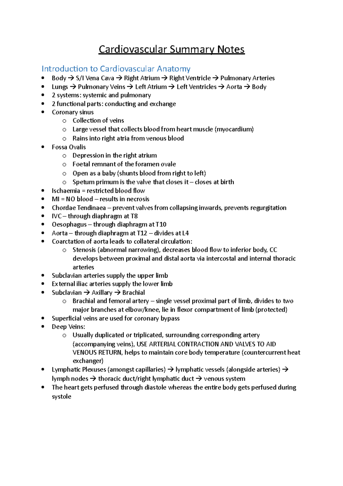 Cardiovascular Summary Notes - Cardiovascular Summary Notes ...