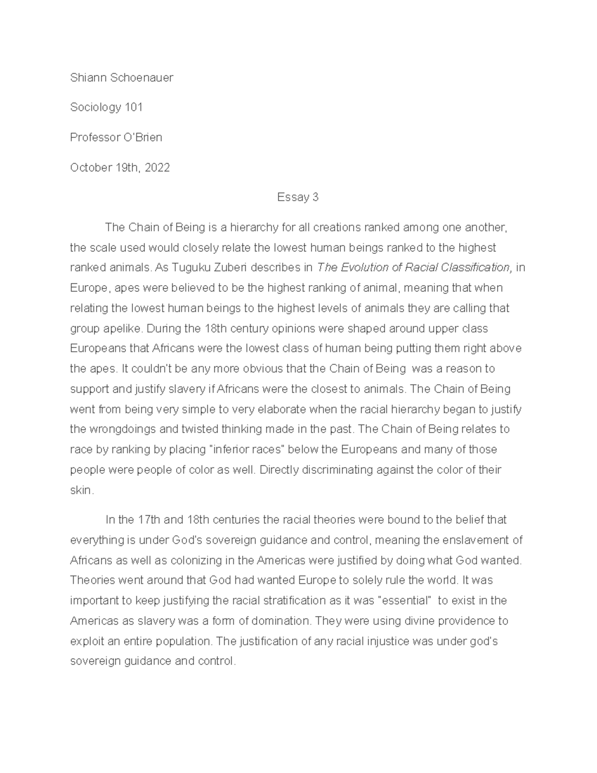 Essay 3 Tukufu Zuberi, The Evolution of Racial Classification - Shiann ...