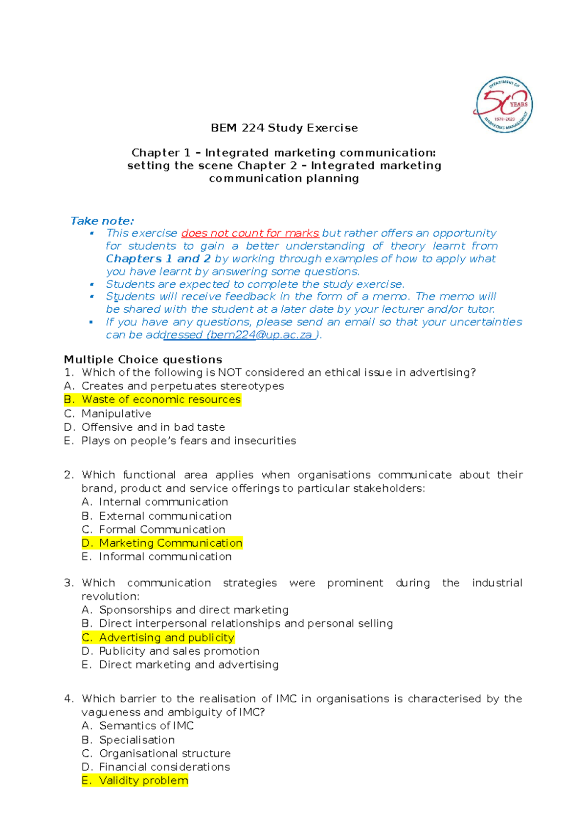 Chapter 1 and 2 Memo - Memo - BEM 224 Study Exercise Chapter 1 ...