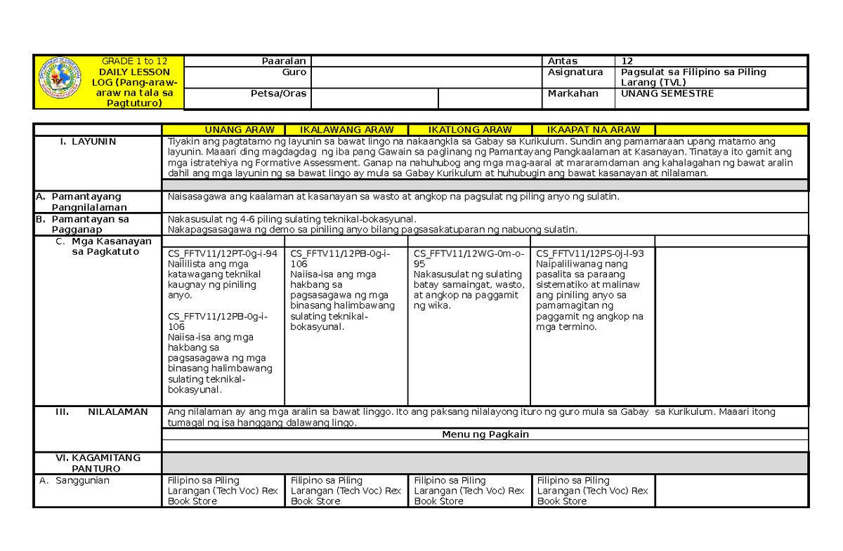 9 MENU NG Pagkain - GRADE 1 to 12 DAILY LESSON LOG (Pang-araw- araw na ...