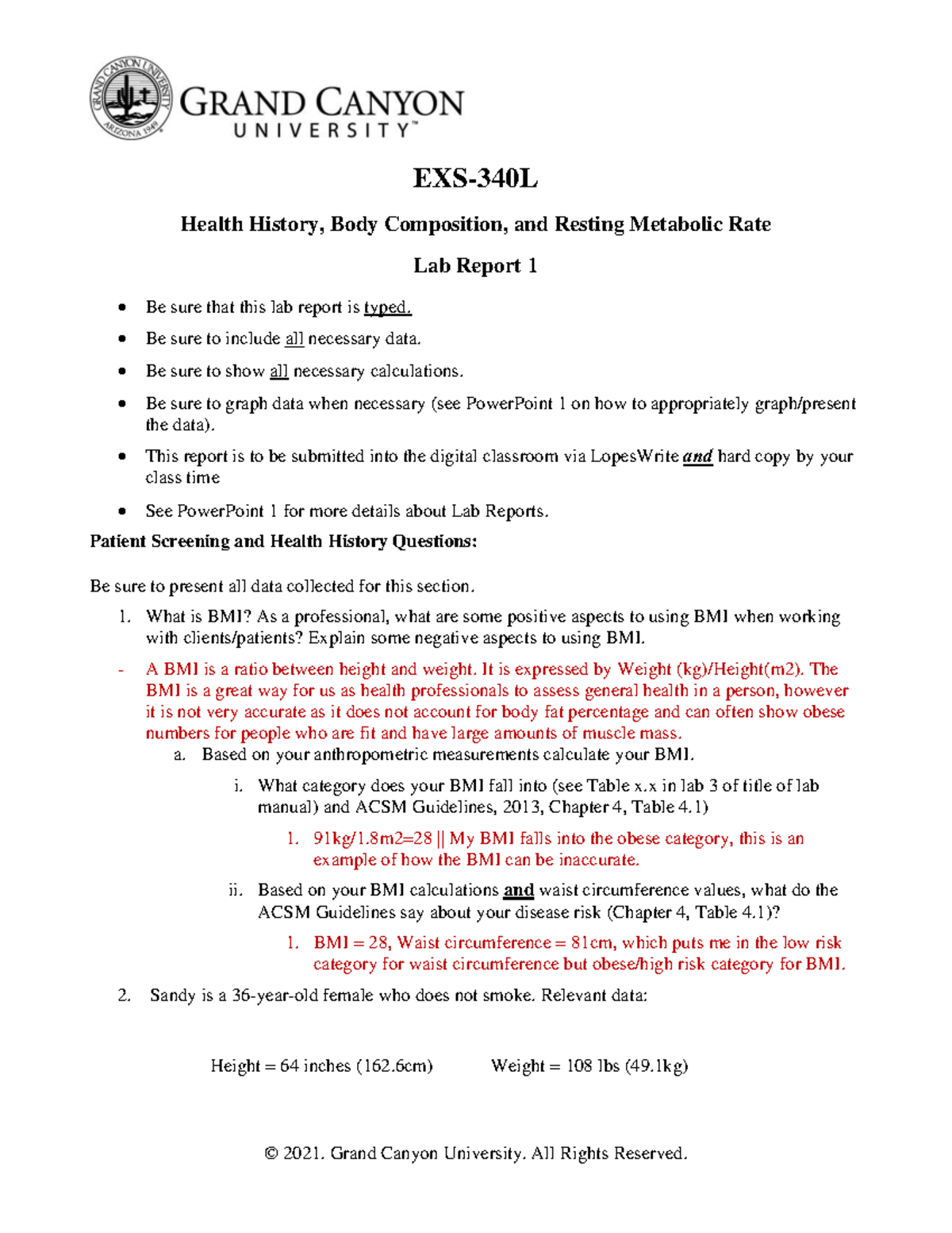 EXS 340L RS Lab Report 1 - Lab 1 - EXS-340L Health History, Body ...