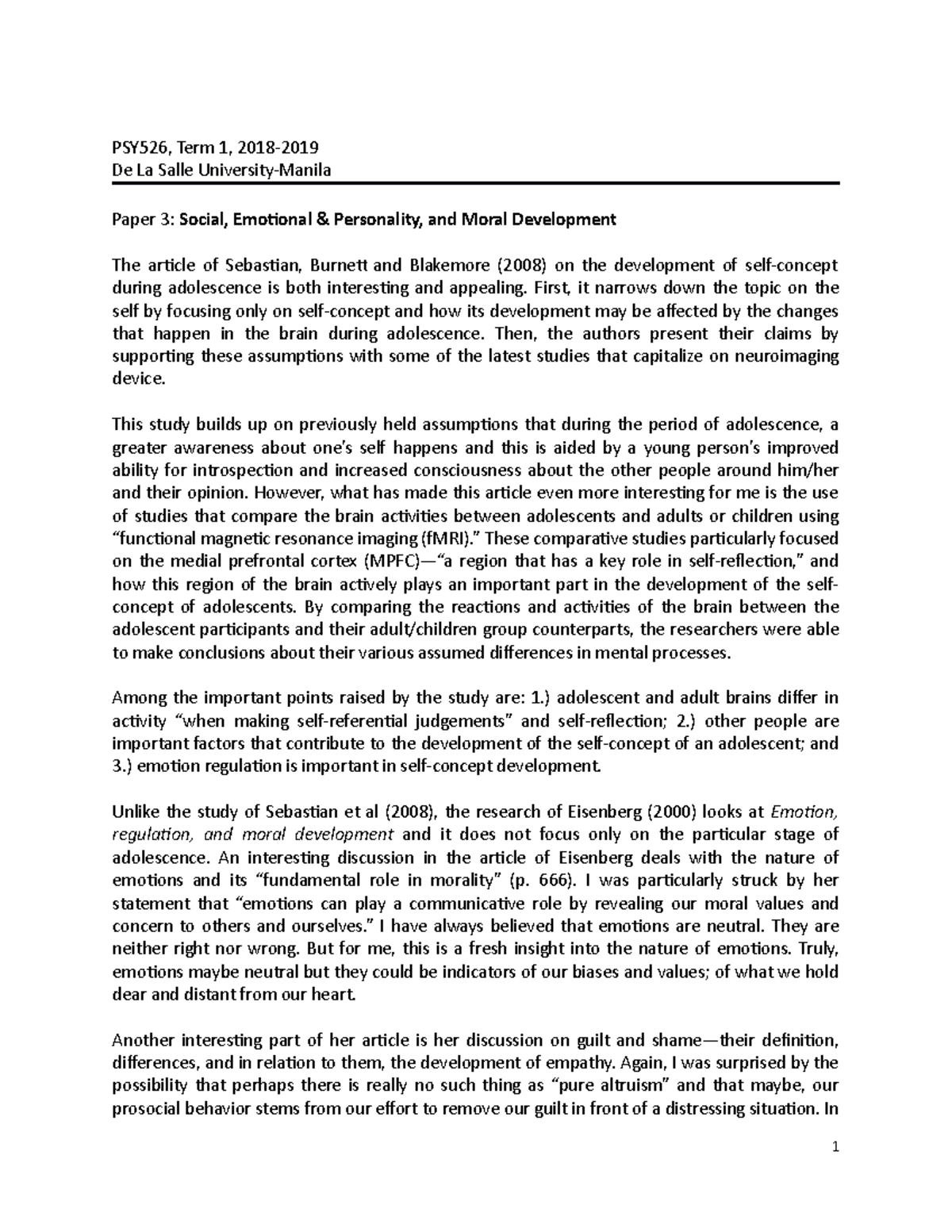 Adolescent Psychology paper - PSY526, Term 1, 2018- De La Salle ...