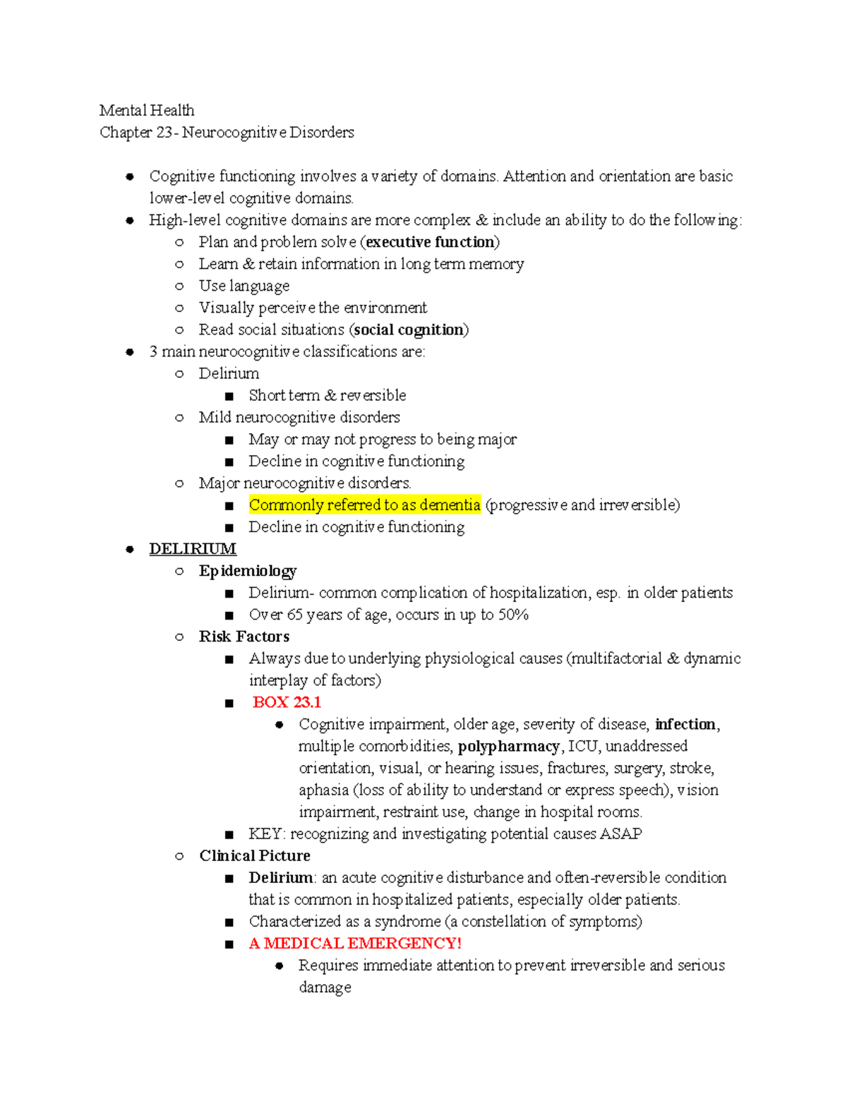 MH Ch. 23- Neurocognitive Disorders - Mental Health Chapter 23 ...