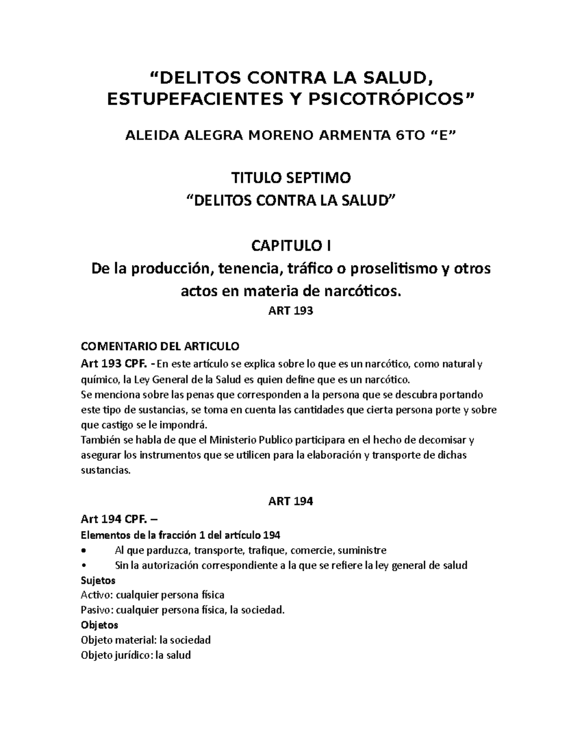 Aleida Alegra Moreno Armenta Delitos Contra LA Salud - “DELITOS CONTRA ...