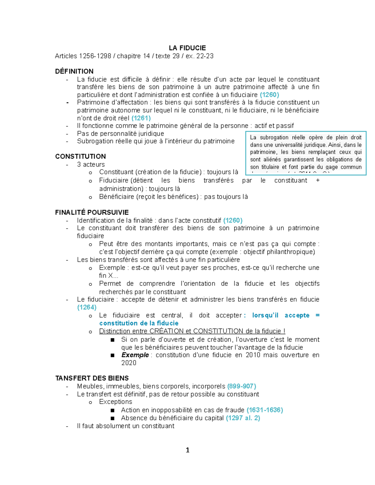 LA Fiducie - Résumé - LA FIDUCIE Articles 1256-1298 / chapitre 14 ...