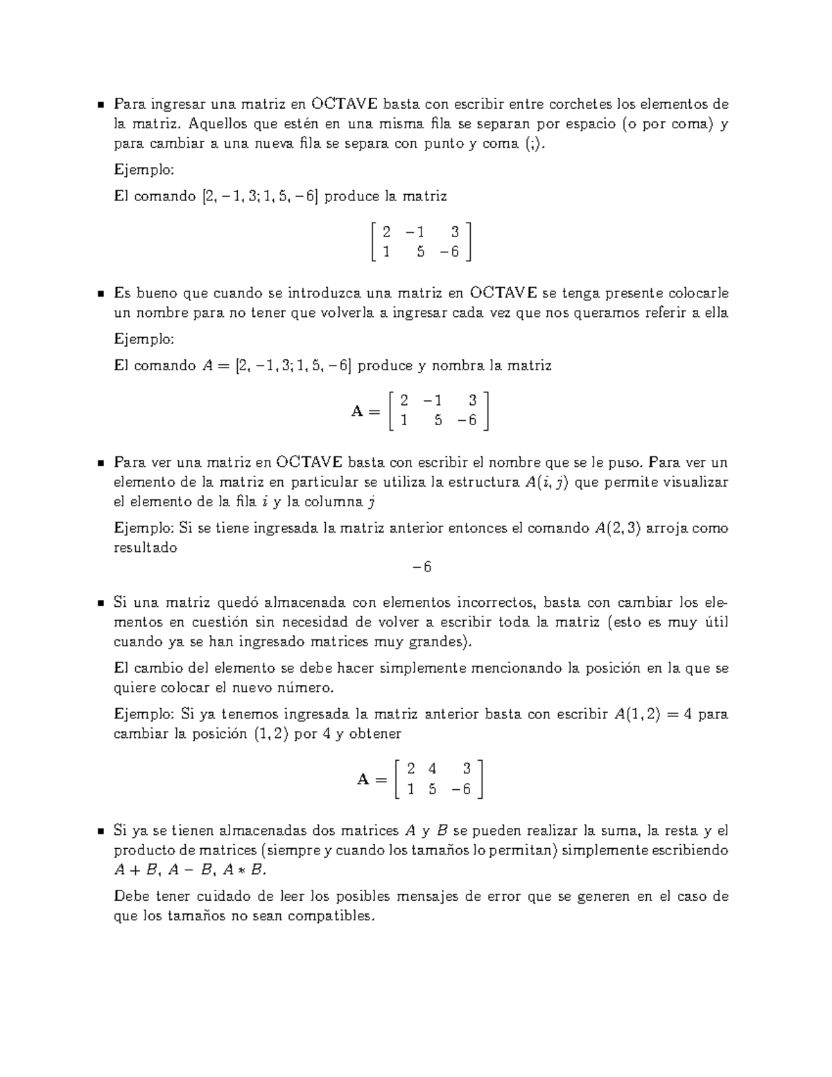 Comandos Octave - ................................ - Para ingresar una ...