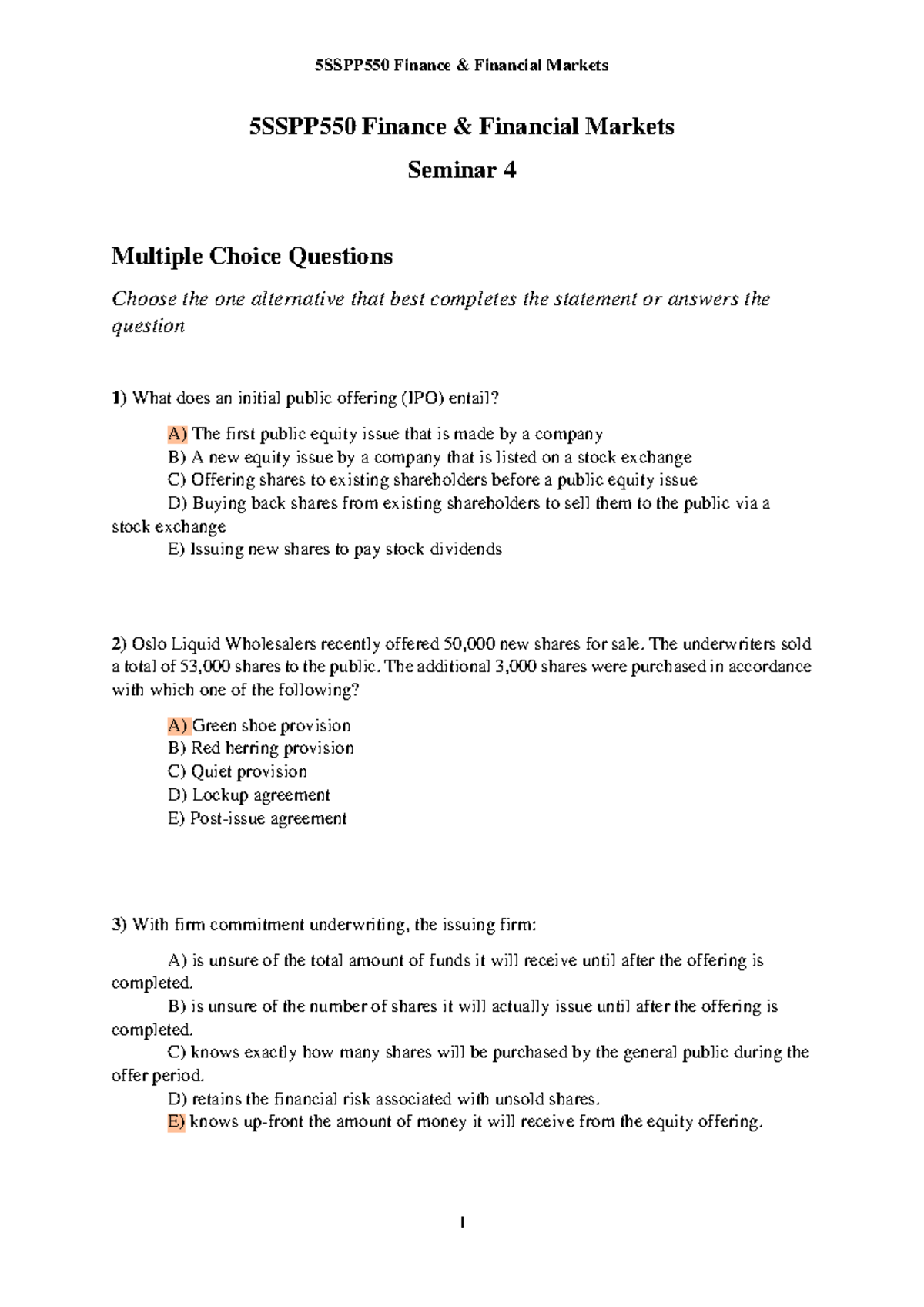 Seminar 4 Questions - 5SSPP550 Finance & Financial Markets 1 5SSPP550 ...