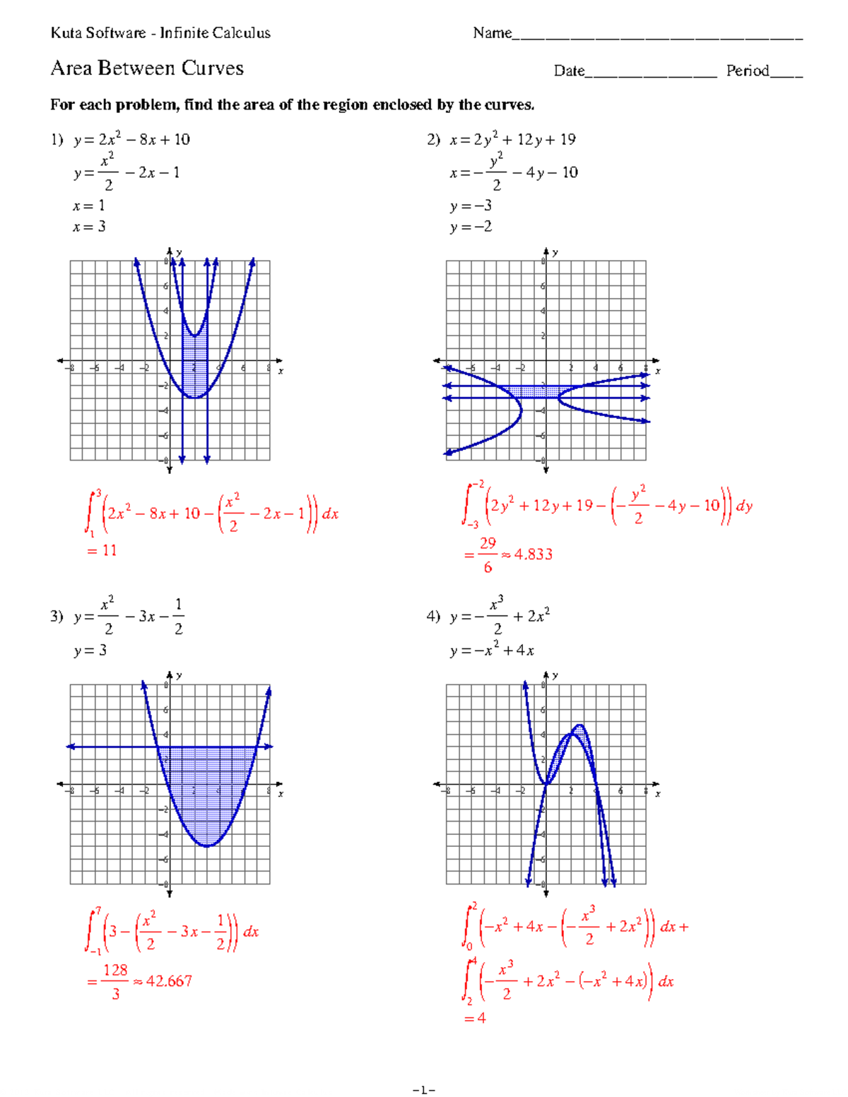 07 - Area Between Curves Answers - ©o a 2 c 0 J 173 L OKduetra 4 nSQo 4 ...