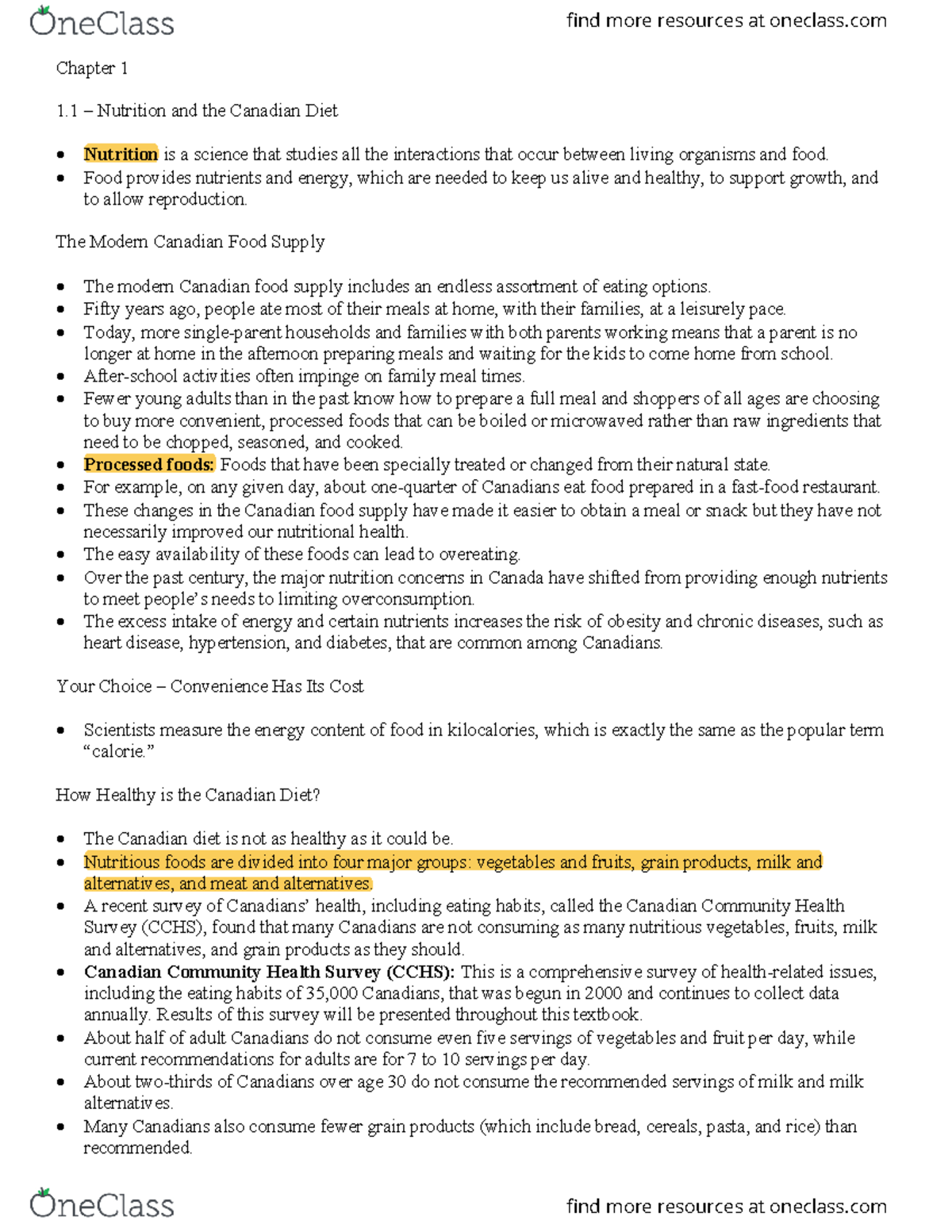 Unit1 - Food For Health - Chapter 1 1 3 Nutrition and the Canadian Diet ...