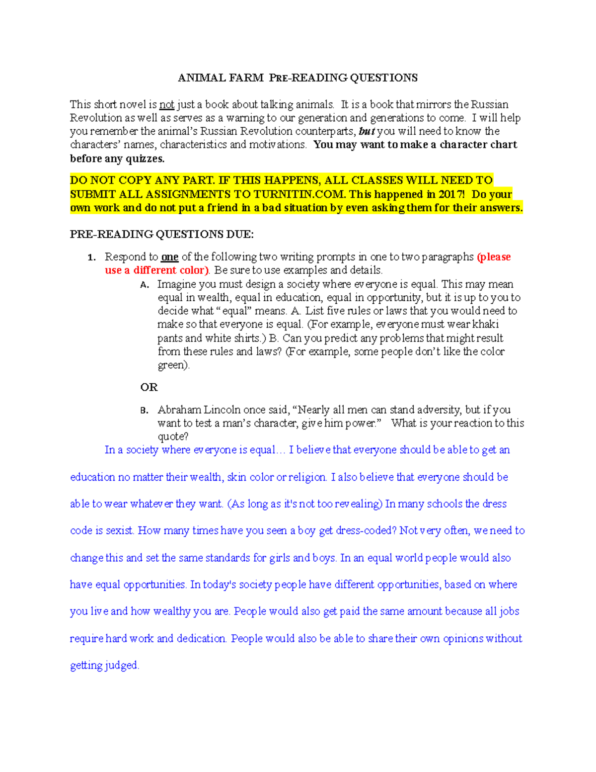 Copy of Animal FARM Pre- Reading Questions - ANIMAL FARM PRE-READING ...