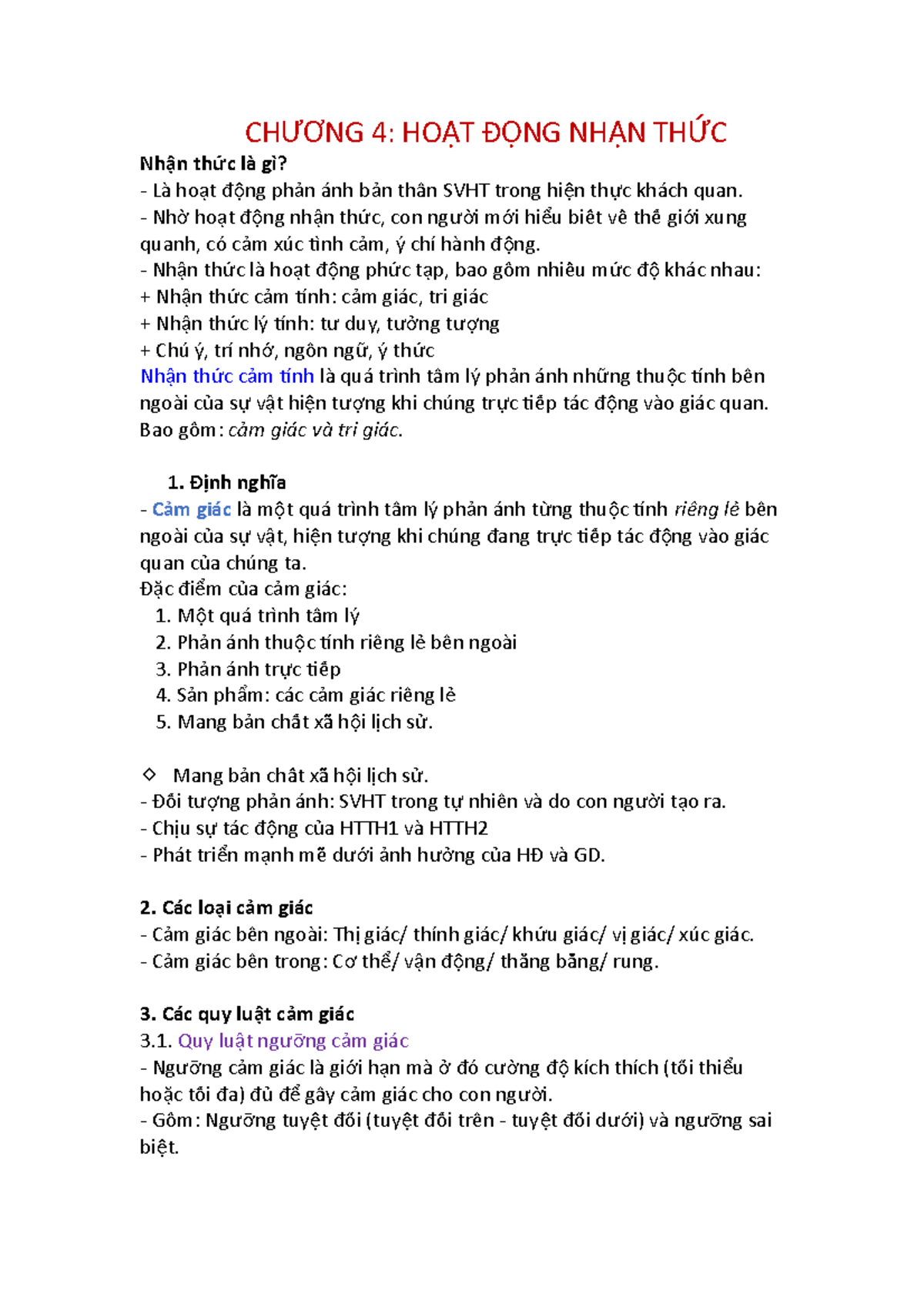 CHƯƠNG 4 - CH ƯƠNG 4: HO T Đ Ạ ỘNG NH N TH Ậ ỨC Nh n thậ ức là gì? Là ho t đ ng ph n ánh b n ...