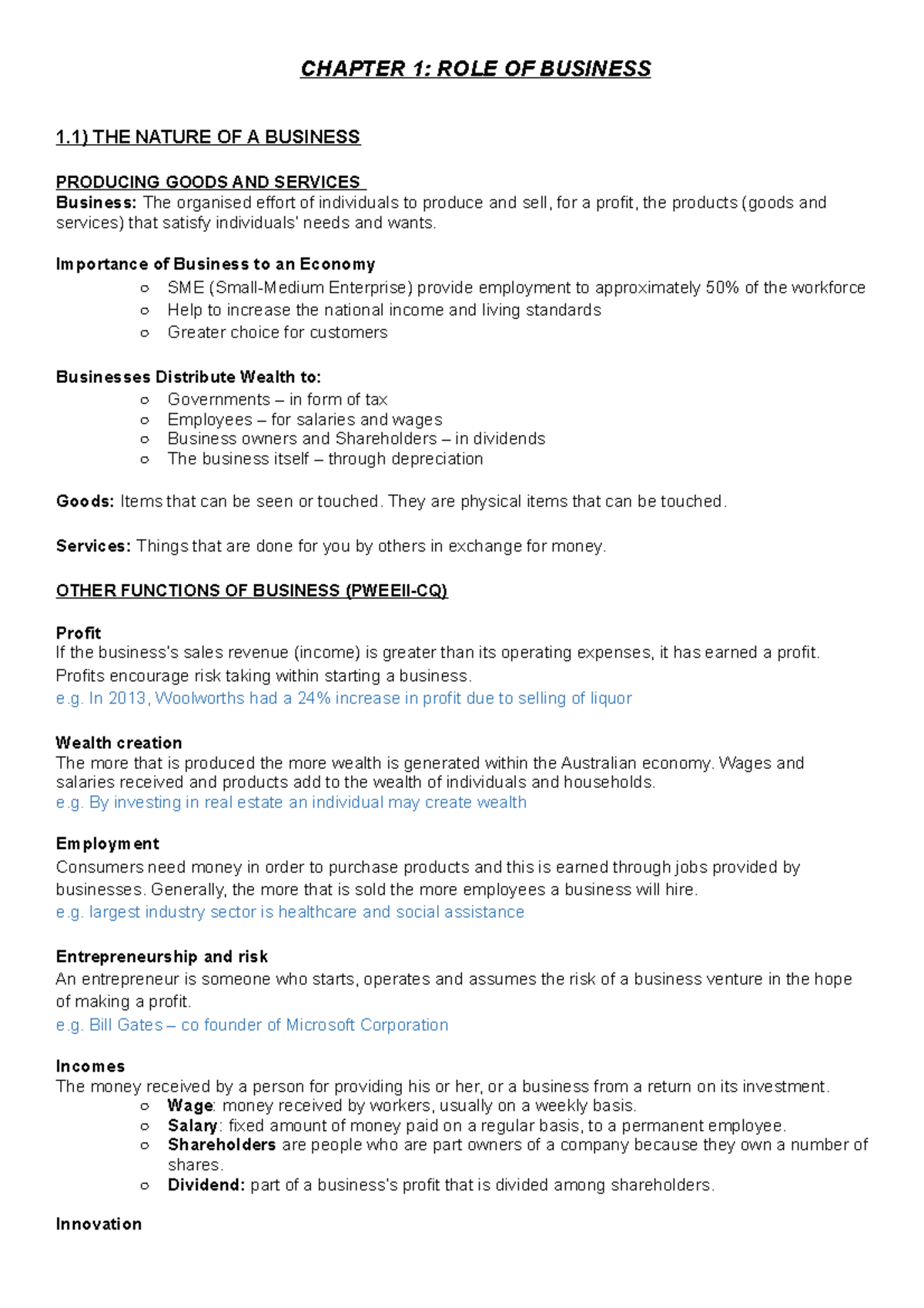 Business Notes 100 - CHAPTER 1: ROLE OF BUSINESS 1) THE NATURE OF A ...