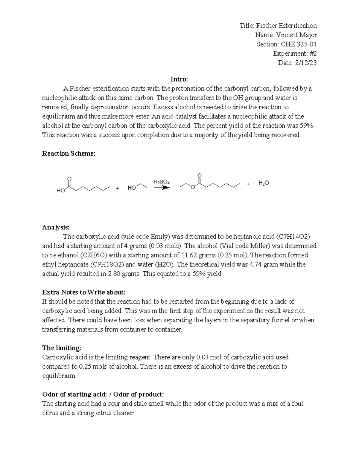 CHE 325 lab two Lab report draft - Name: Vincent Major Section: CHE 325 ...
