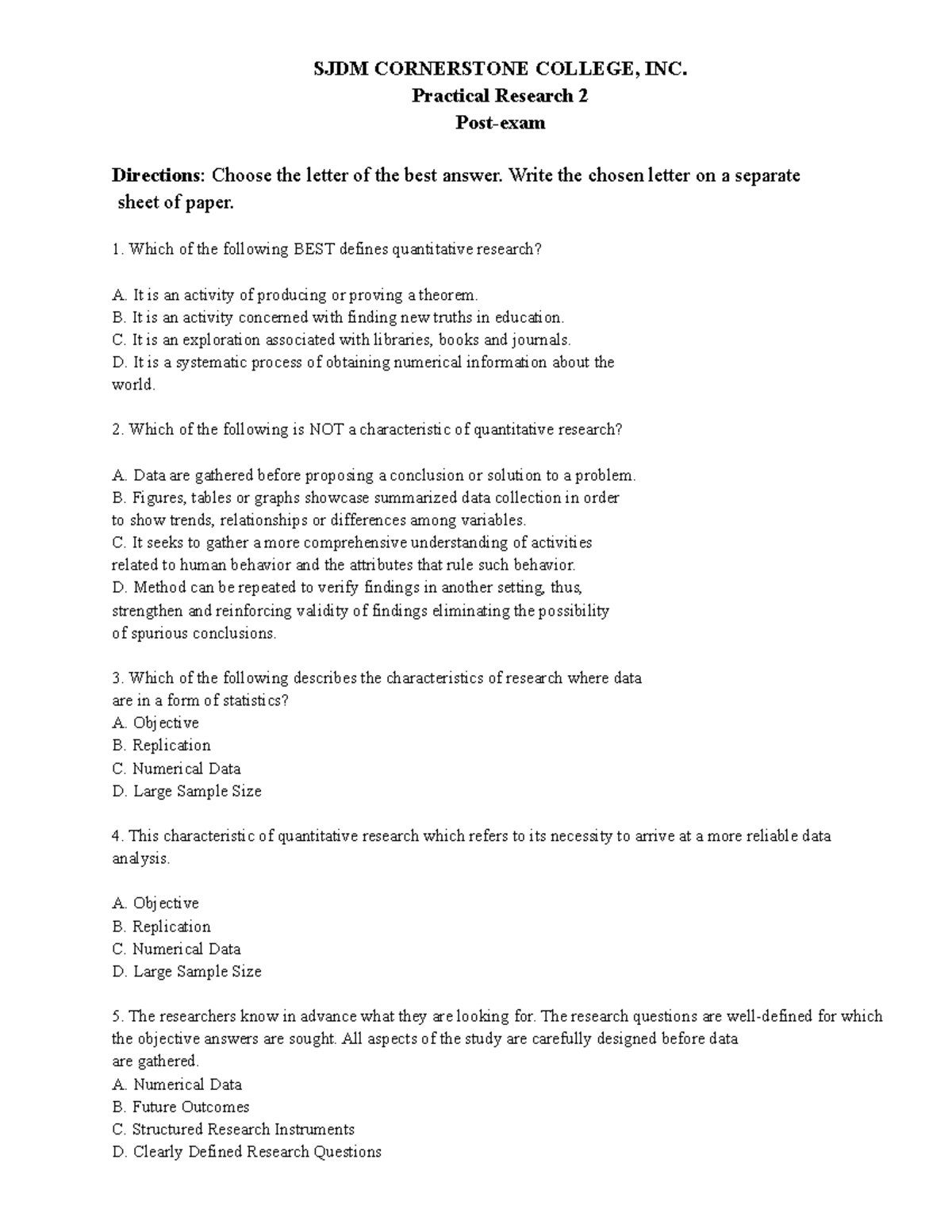 PR2 post test - none - SJDM CORNERSTONE COLLEGE, INC. Practical ...