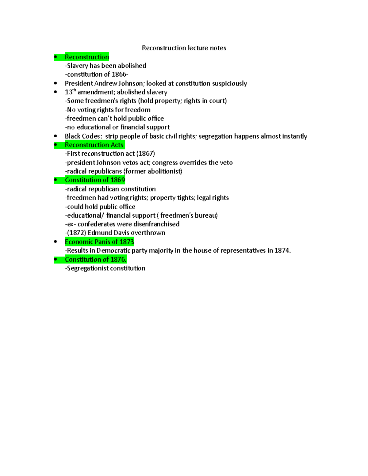 Reconstruction lecture notes - Constitution of 1876. constitution - Studocu
