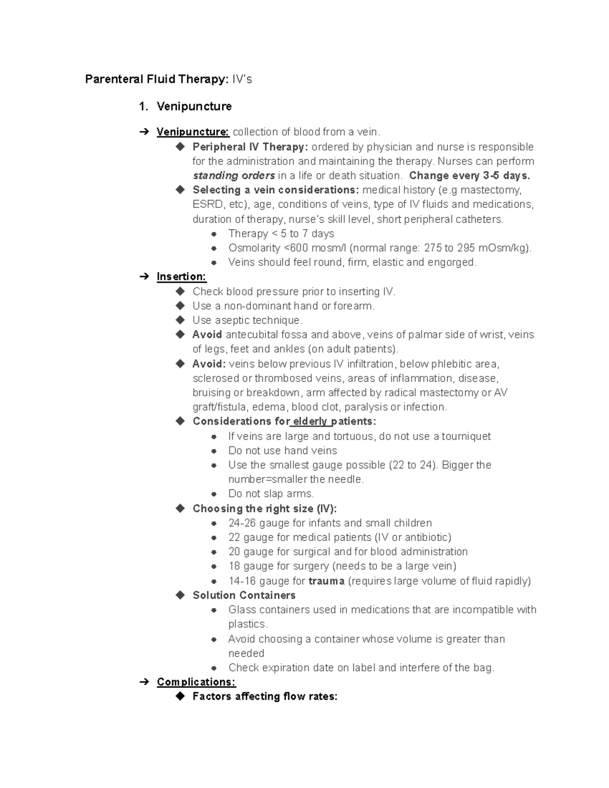 Adult Health - Parenteral Fluid Therapy: IV’s 1. Venipuncture ...
