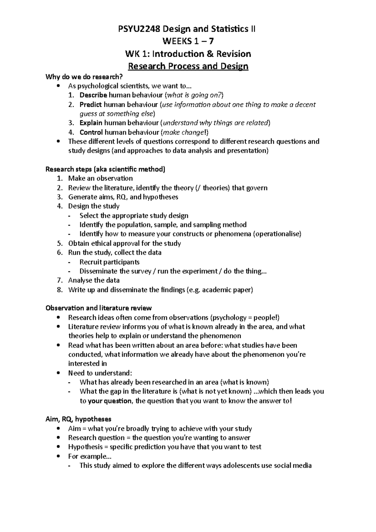 PSYU2248 Weeks 1 -7 - WEEKS 1 – 7 WK 1: Introduction & Revision ...