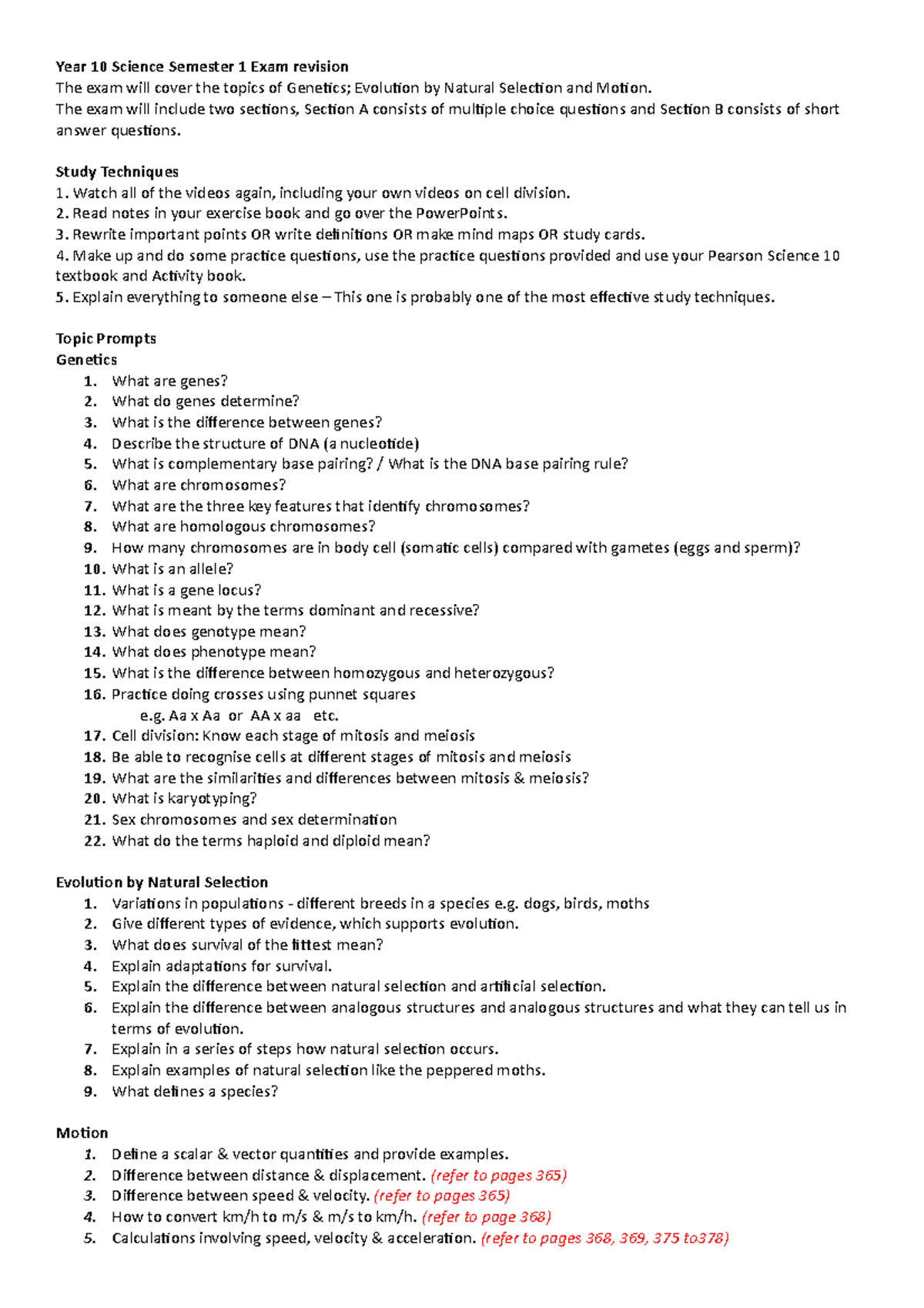 Semester One Examination Revision 2022 Year 10 Science Semester 1