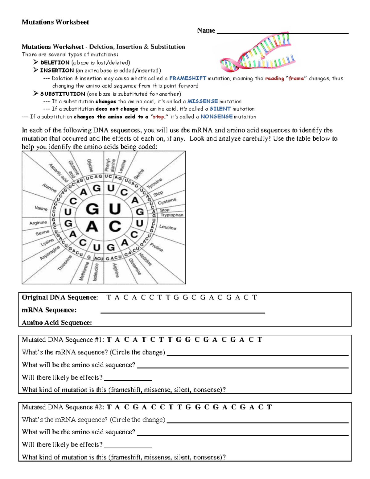 Mutations worksheet biology - Mutations Worksheet Name Mutations ...
