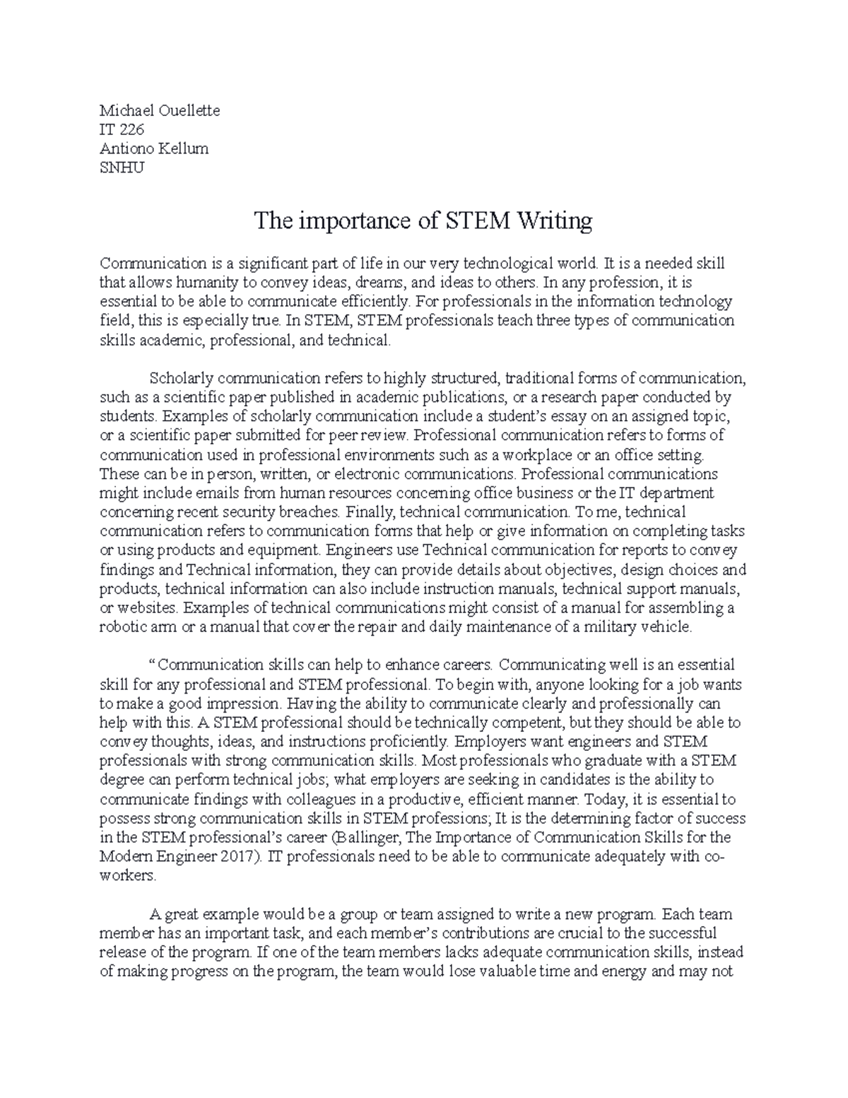 Ouellette Stem paper - essay for com126 - Michael Ouellette IT 226 ...